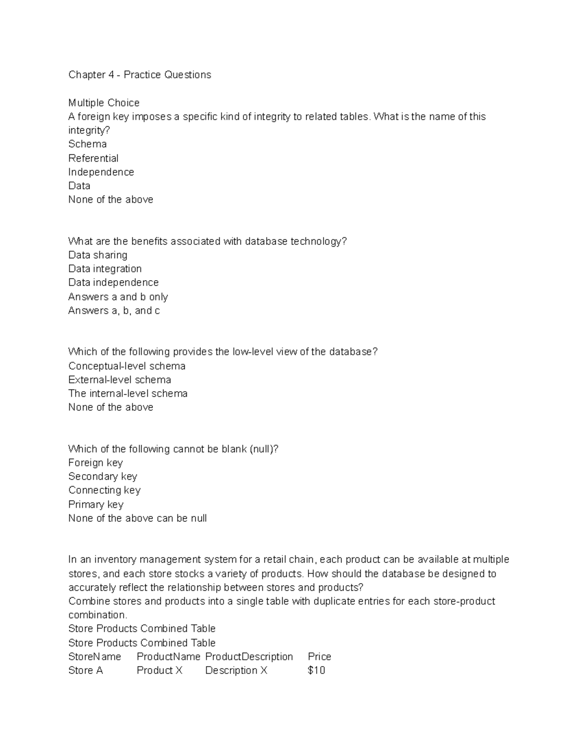 Database Design (CS101) Chapter 4 - Practice Questions & Answers - Studocu