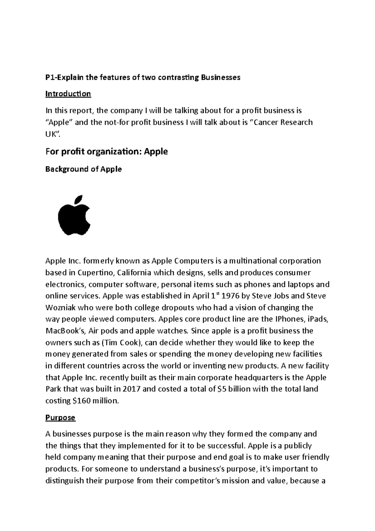 Unit 1- Assignment 1 - P1-Explain the features of two contrasting Businesses Introduction In ...