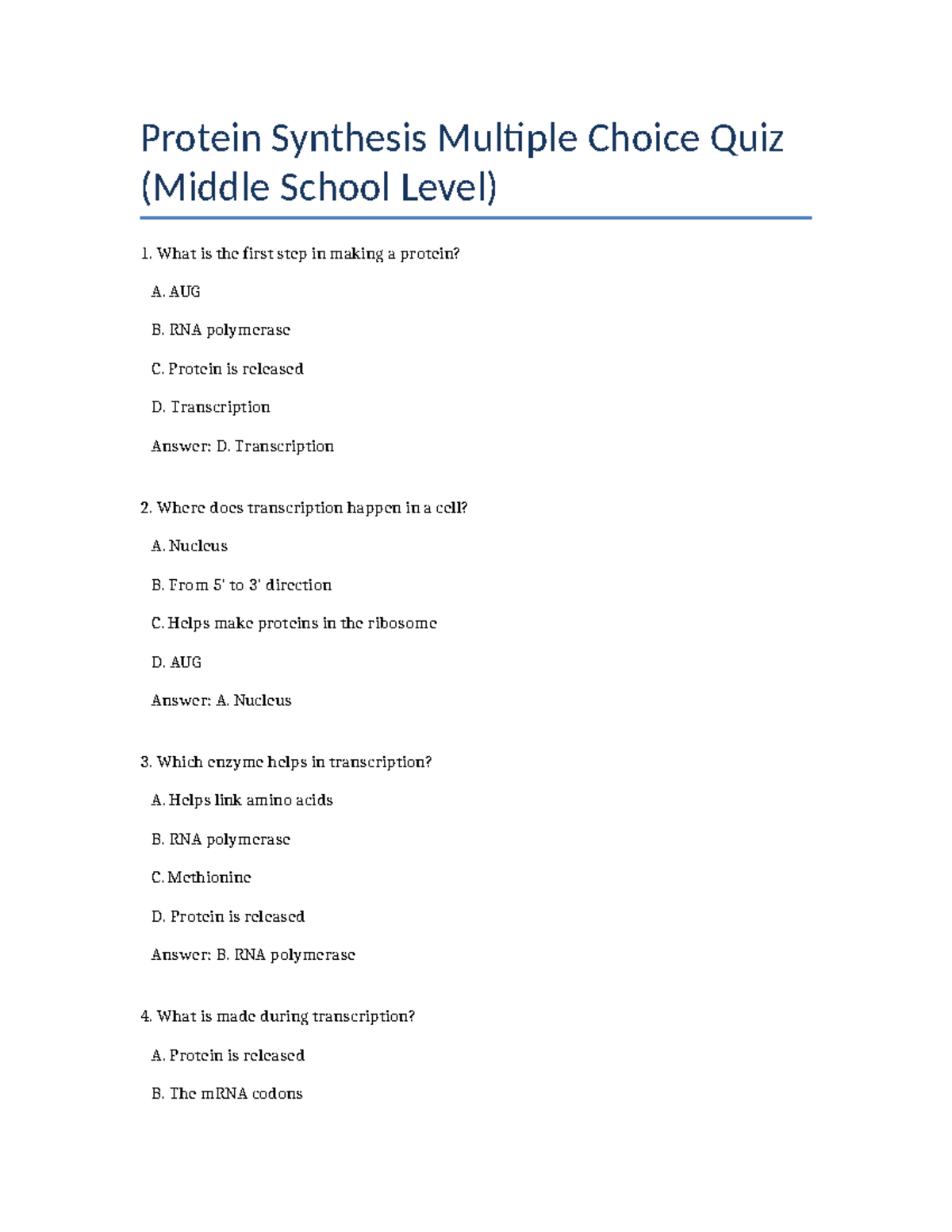 Middle School Protein Synthesis MCQ Quiz - Studocu