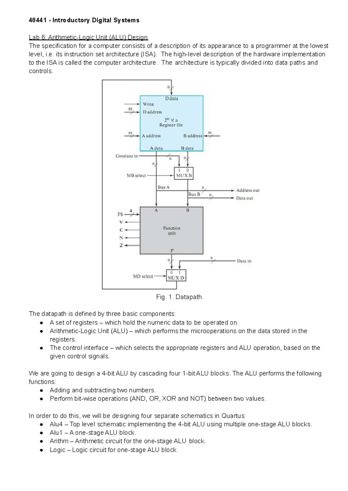 48441 Introductory Digital Systems Lab 6: ALU Design and Implementation ...