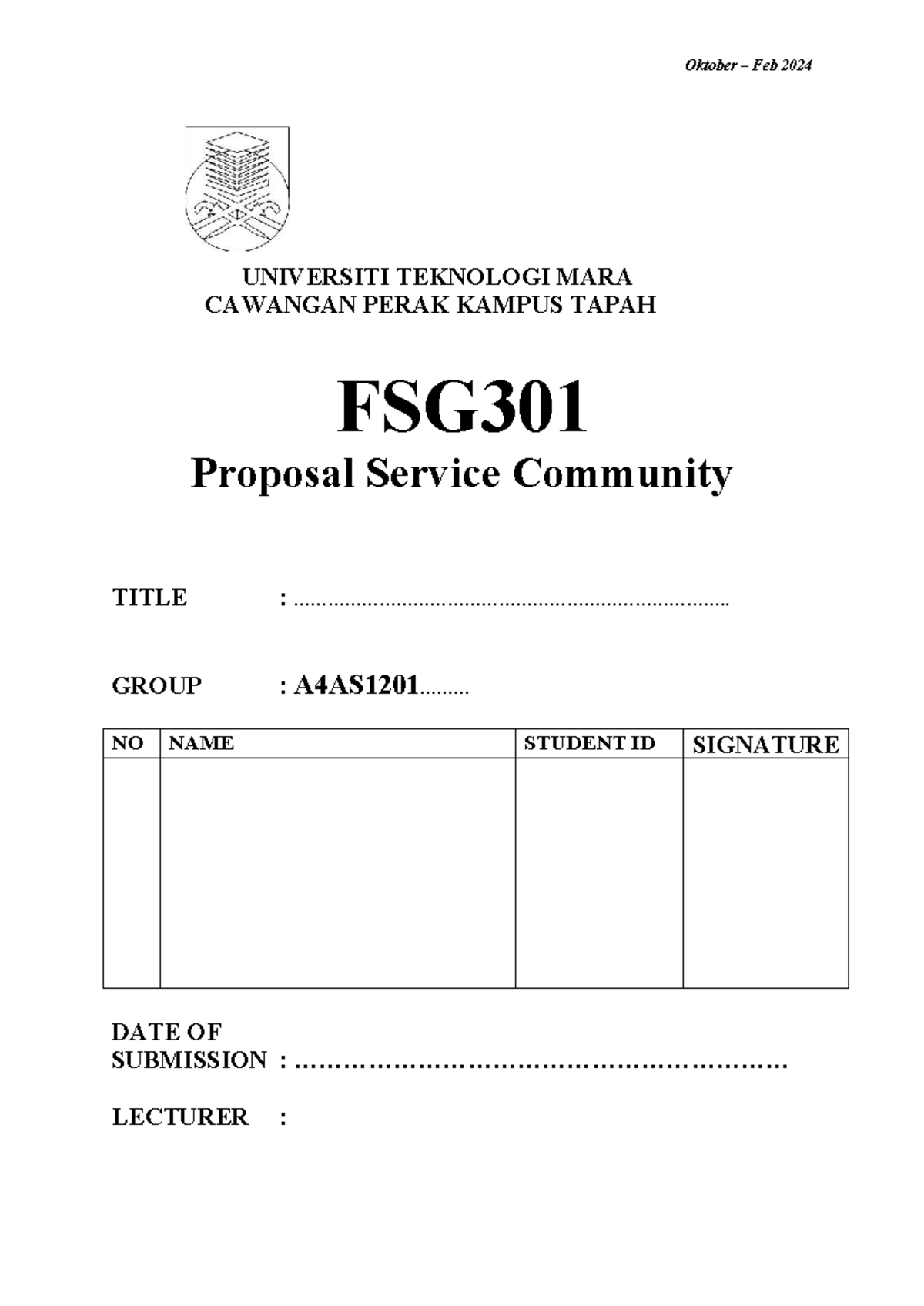 FSG301 Proposal for Community Service Activity - Oct 2024 - Studocu