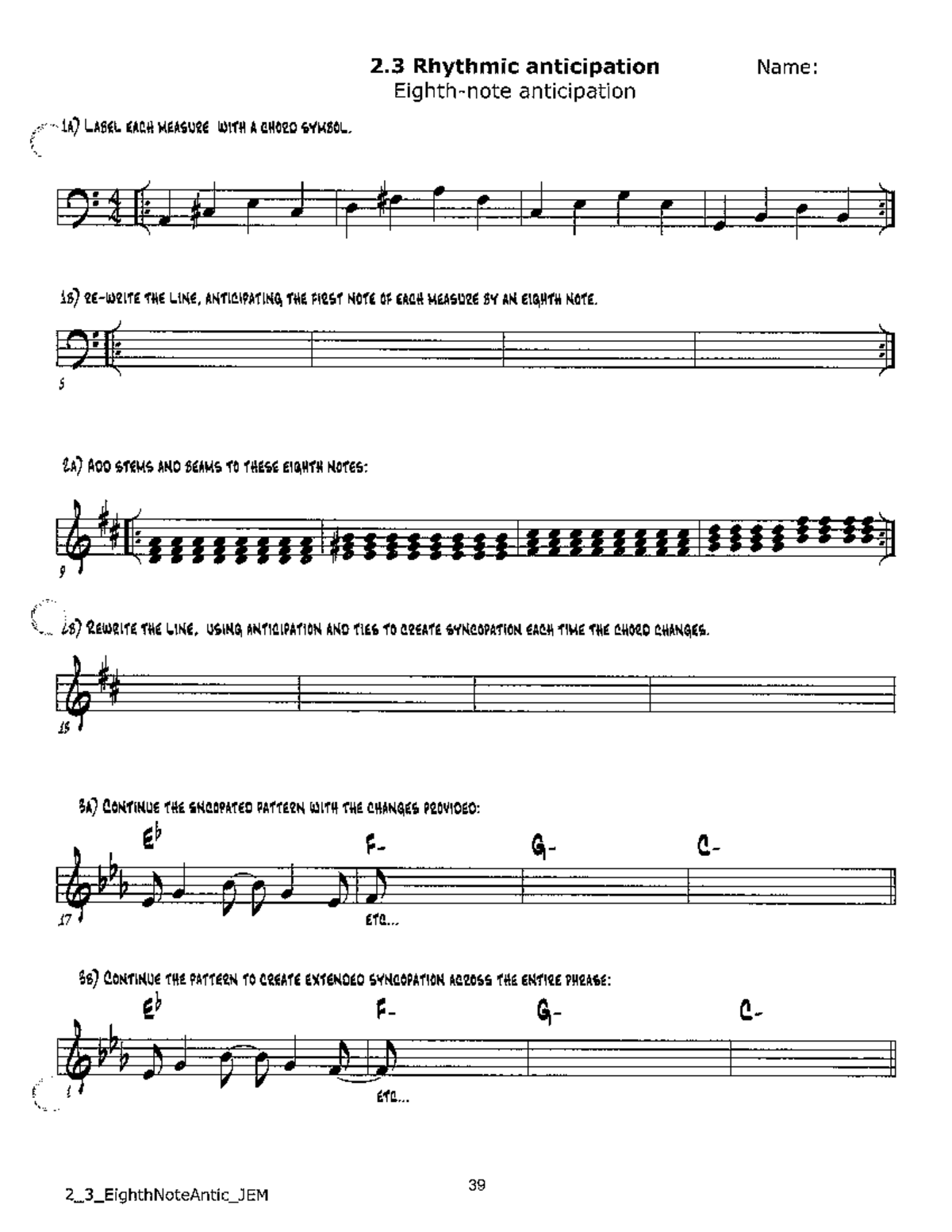 8th Note Anticipation Practice - 2 Rhythmic anticipation Name ...
