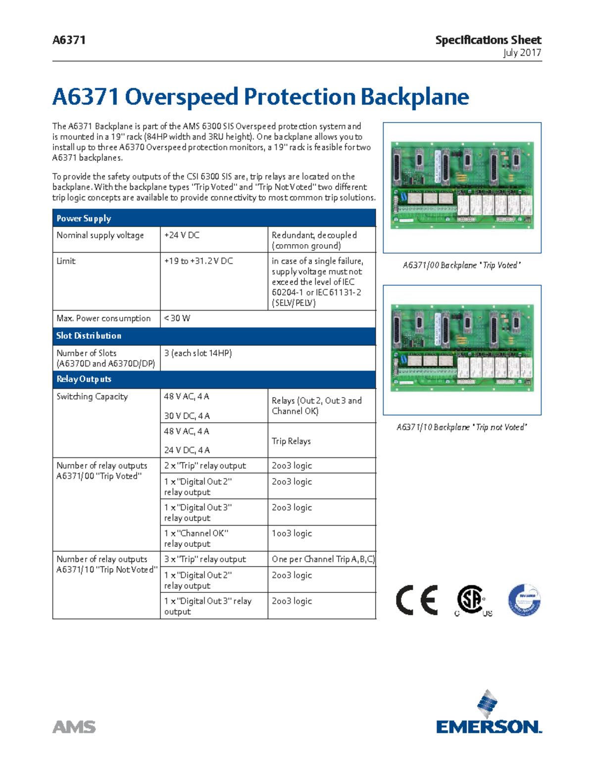 A6371 Overspeed Protection Backplane Specifications Sheet (July 2017 ...