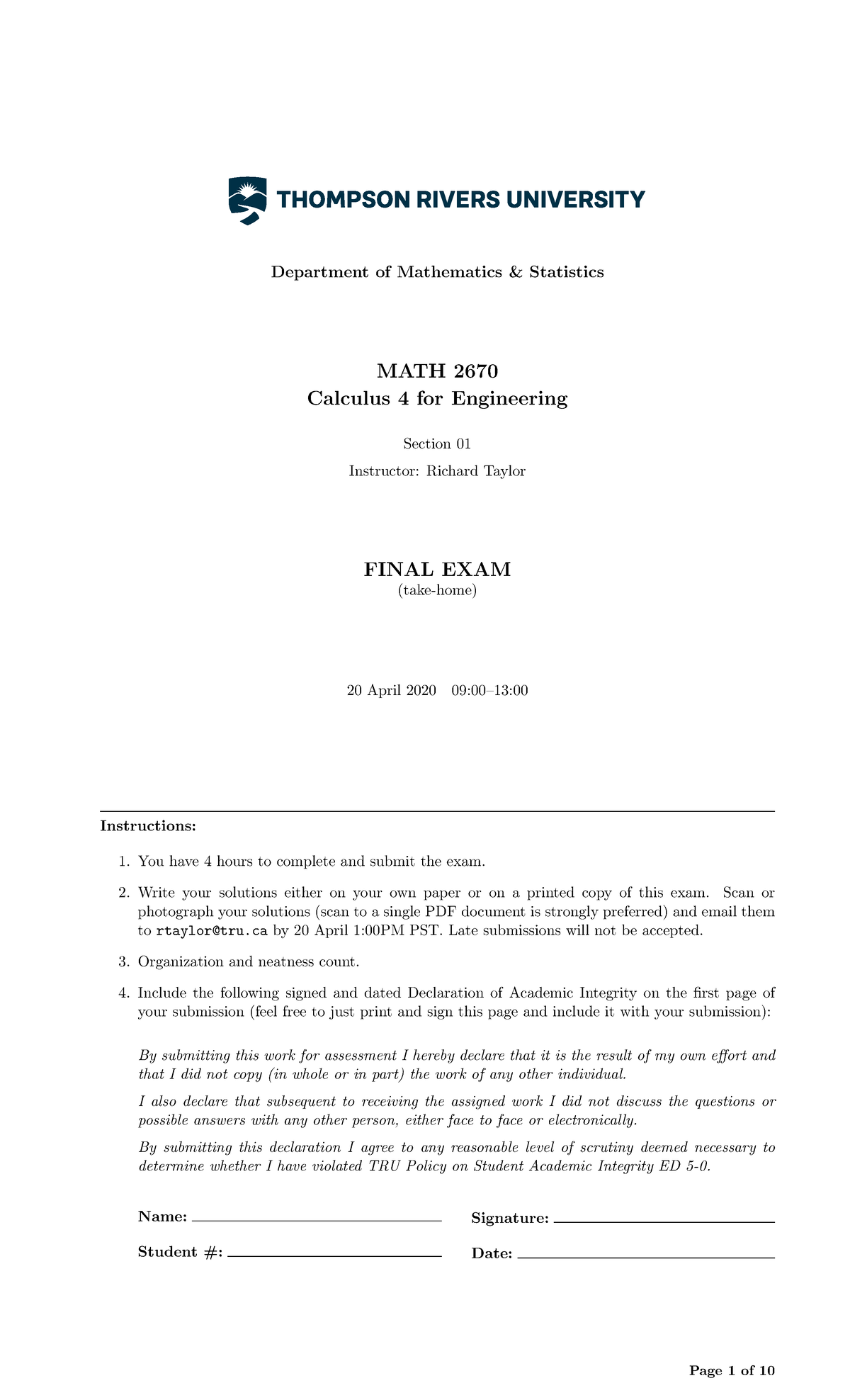 MATH 2670 Final Exam - Calculus 4 for Engineering (April 2020) - Studocu