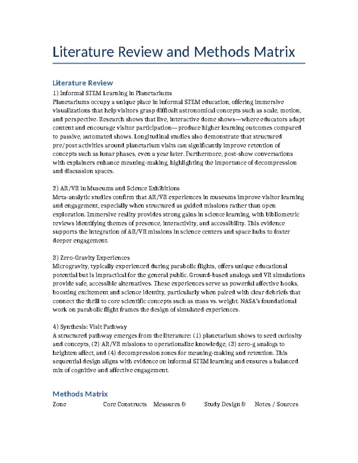 Literature Review & Methods Matrix: Informal STEM Learning Insights ...