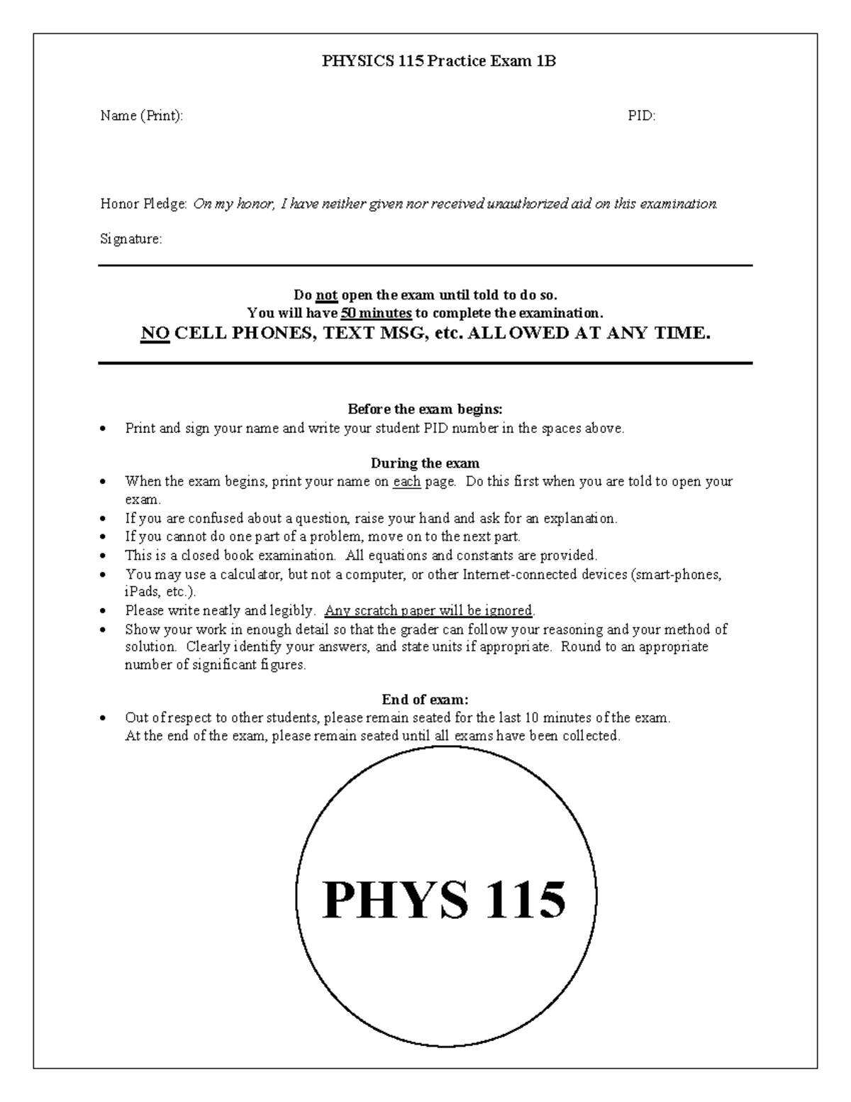 PHYSICS 115 Practice Exam 1B: Guidelines and Questions - Studocu