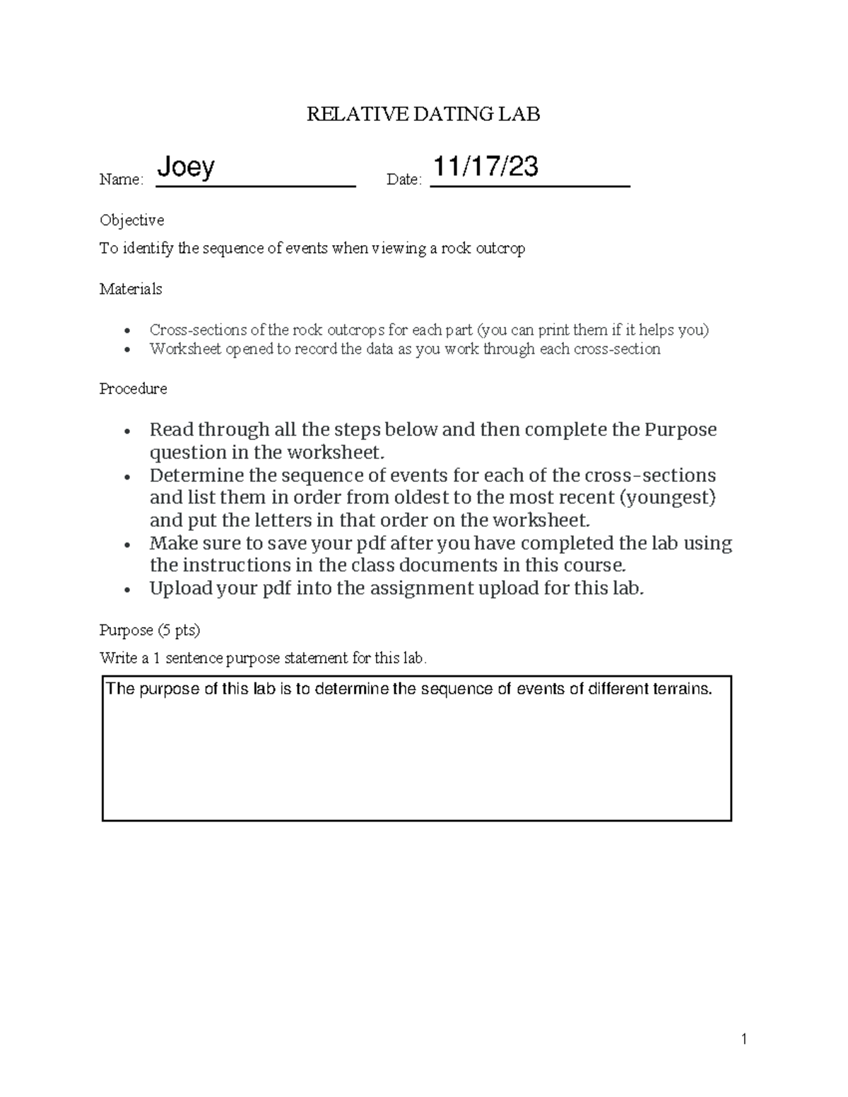 Relative Dating Lab Worksheet - Sequence of Events Analysis - Studocu