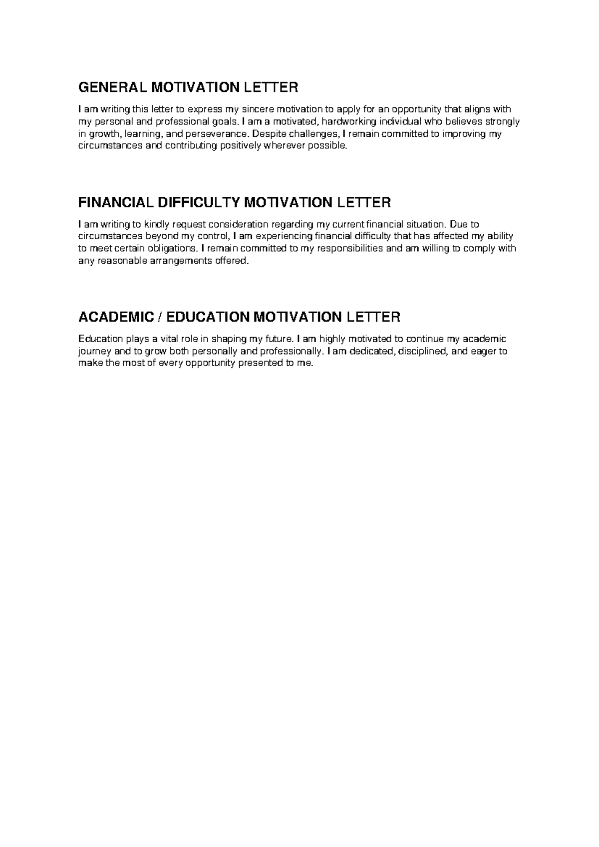 Motivation Letter Templates for Various Purposes - Studocu