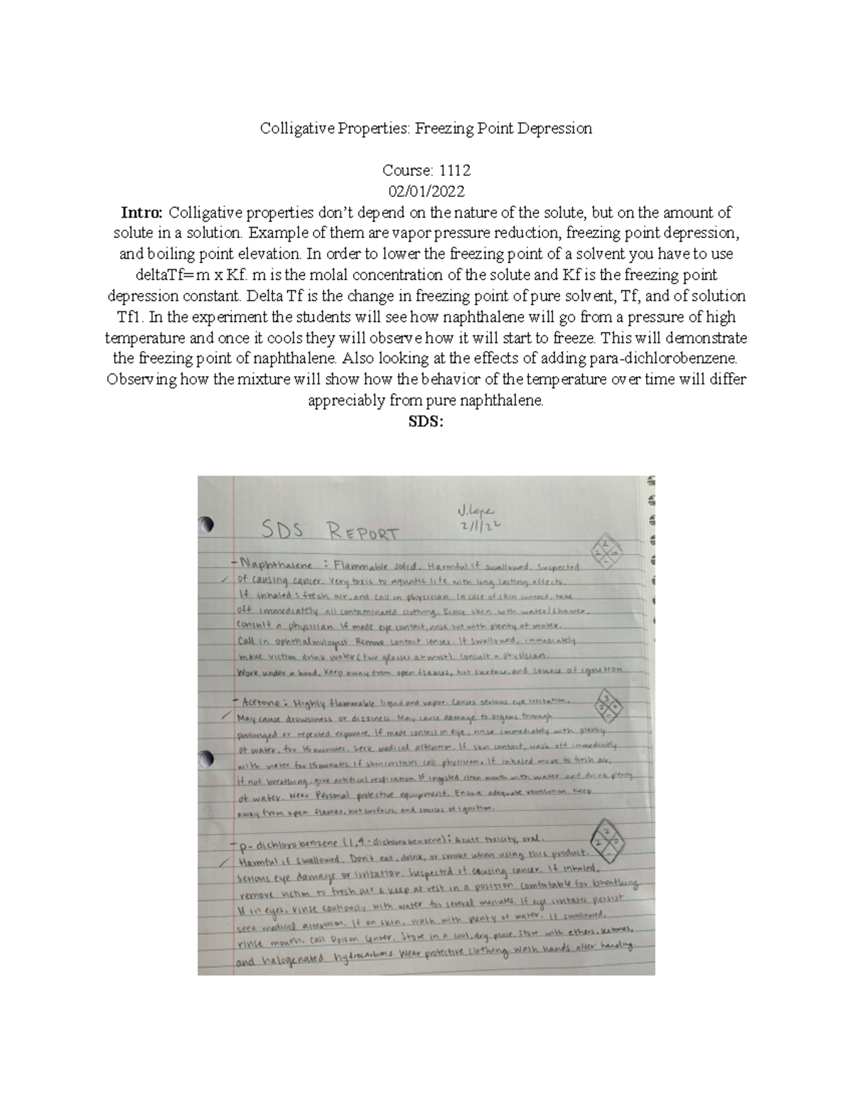1112 Lab Report: Freezing Point Depression & Colligative Properties - Studocu