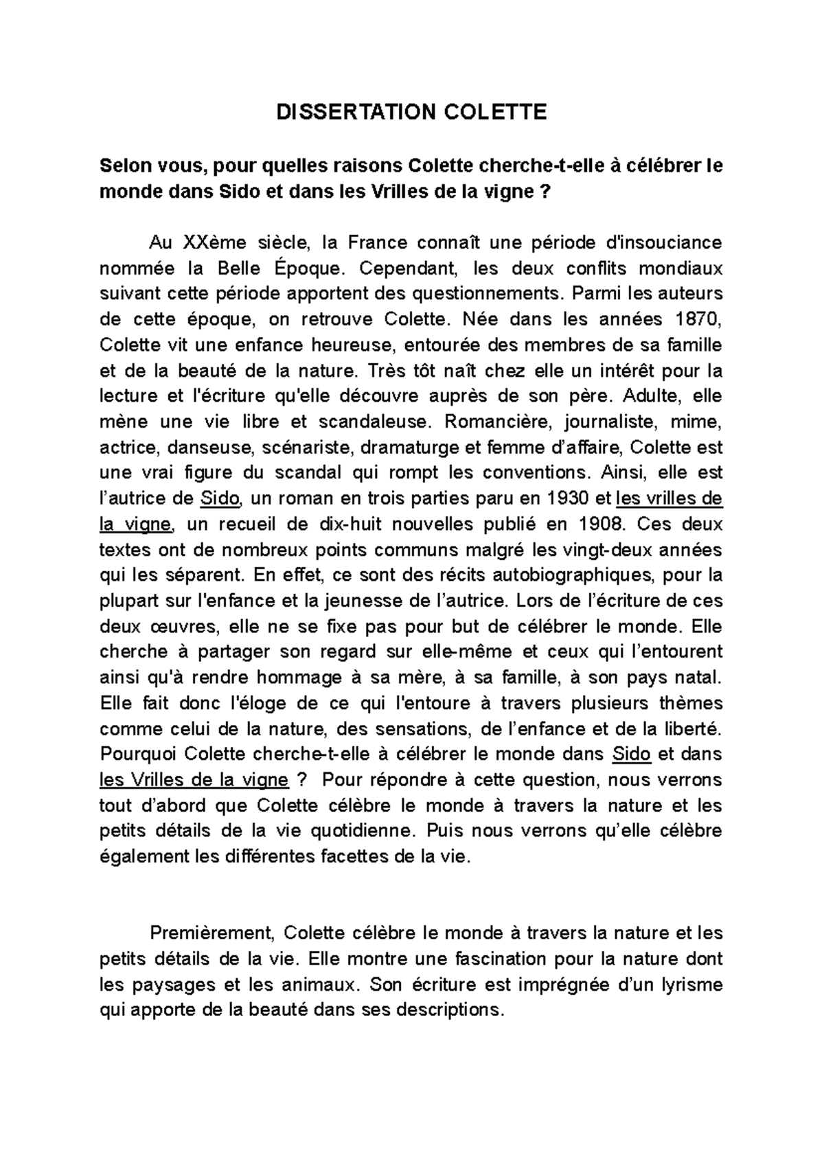 Dissertation - Colette : Célébration du Monde dans Sido et Les Vrilles ...