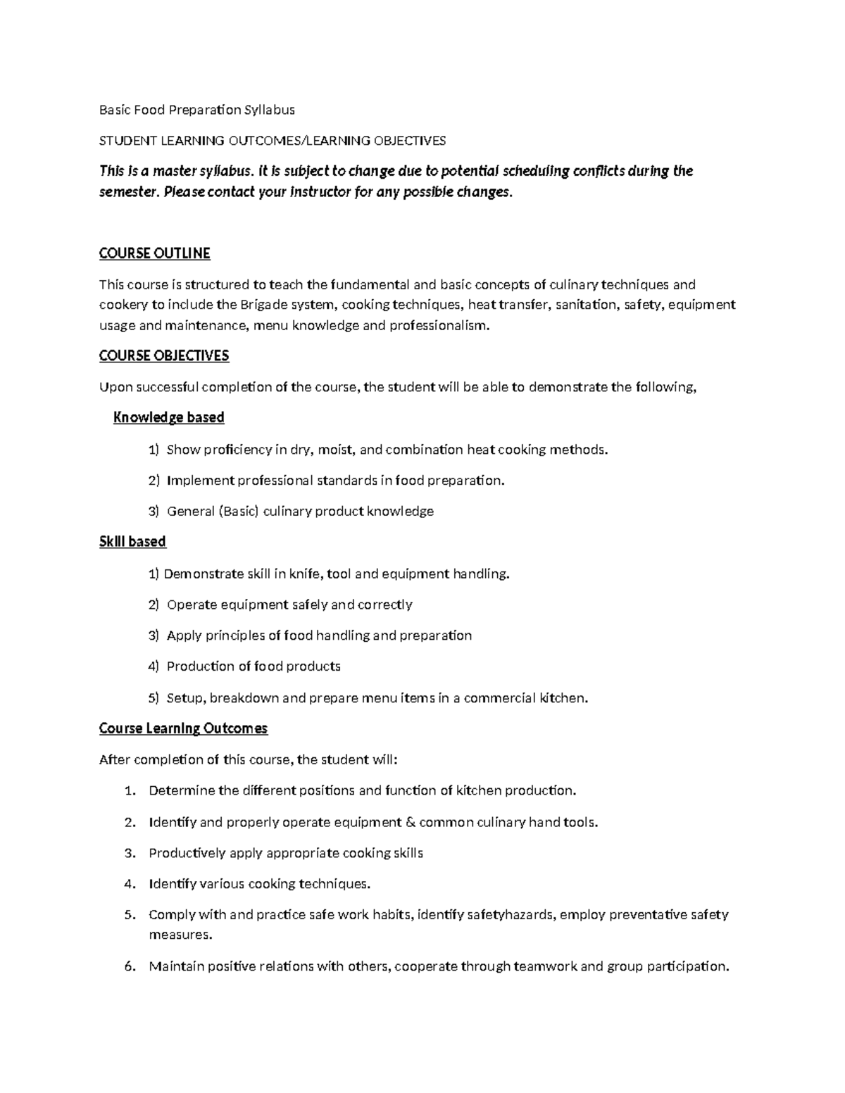 CHEF1301: Basic Food Preparation Master Syllabus Overview - Studocu