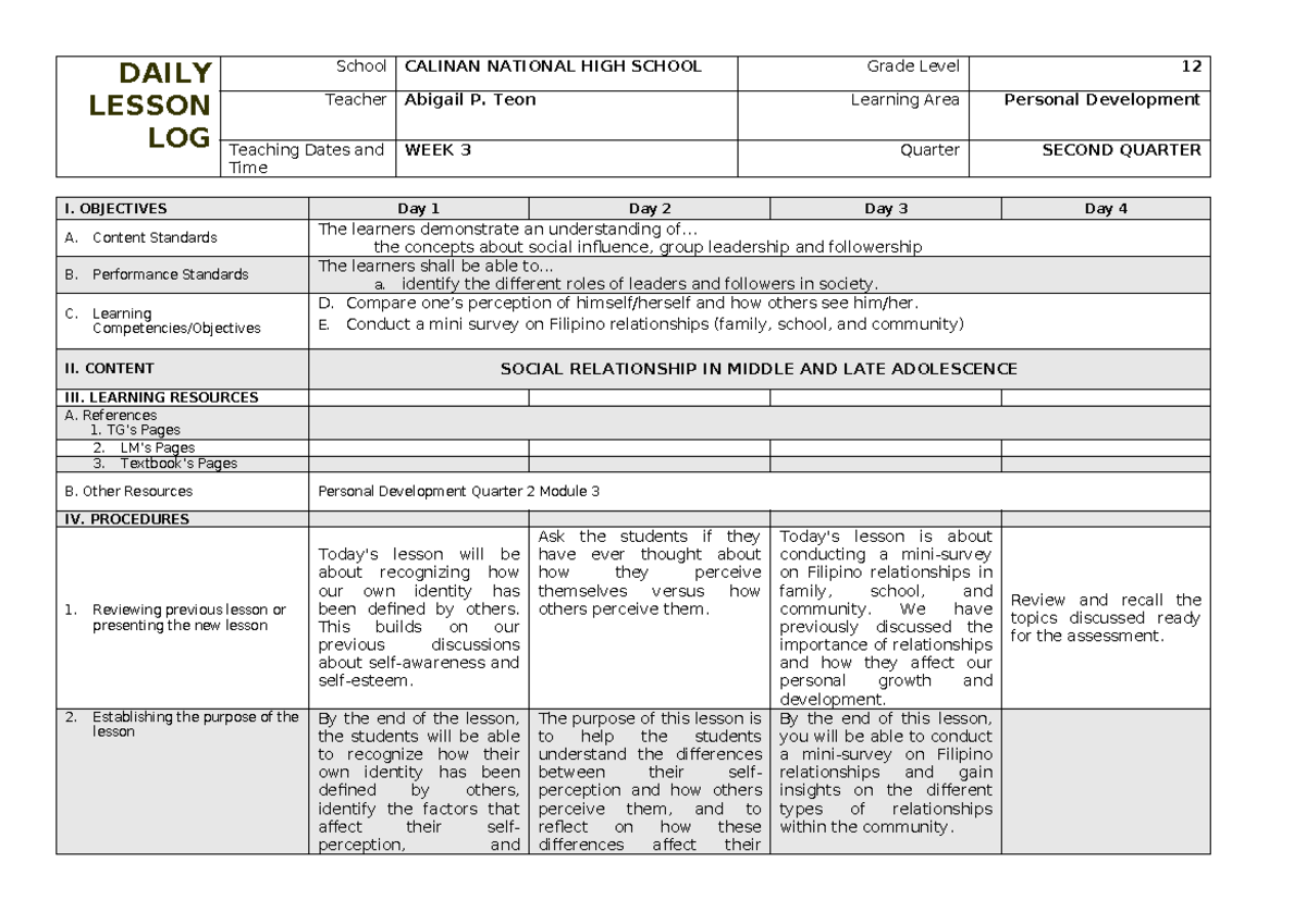 Perdev 12 Q2 WEEK 3 Lesson Log - Social Relationships & Self-Perception ...