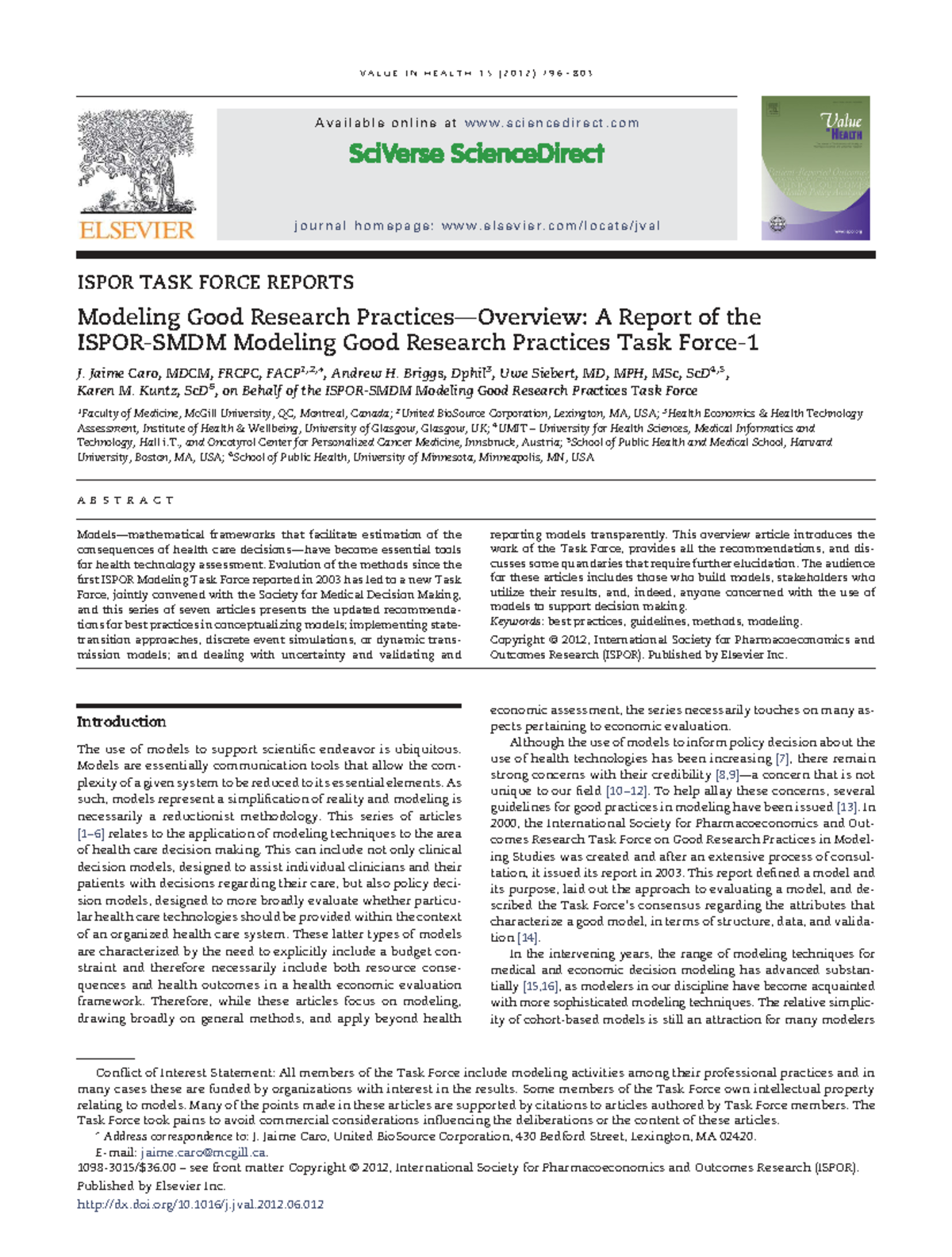 Modeling Good Research Practices Overview - ISPOR Task Force Report ...