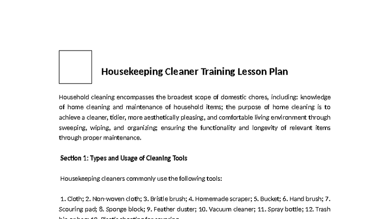 Housekeeping Cleaner Training Lesson Plan (Course Code: 家政清洁员) - Studocu