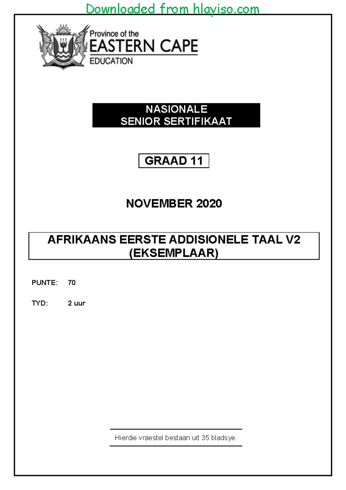 GR 11 AFR FAL P2 QP NOV 2020 - Eksamen Vraestel en Antwoorde - Studocu