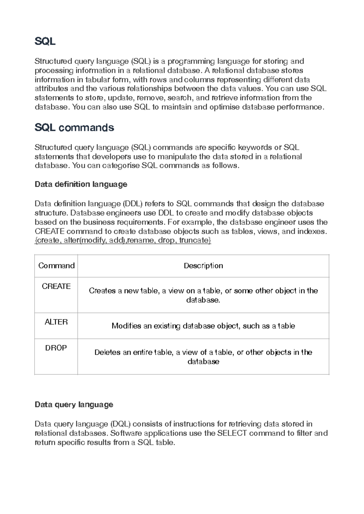 Dbms1 - Lab work - SQL Structured query language (SQL) is a programming language for storing and ...