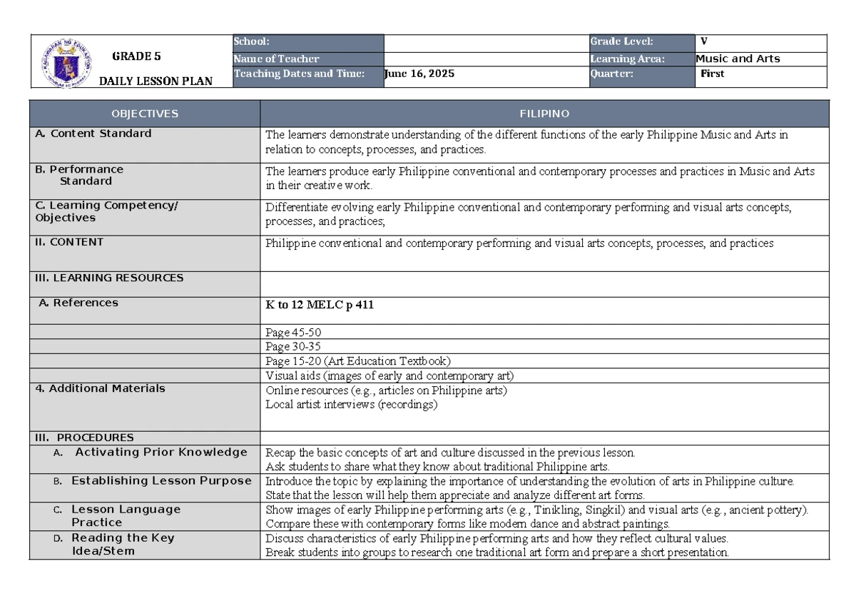 Daily Lesson Plan for EPP, MAPEH, and AP - Grade 5 - Studocu