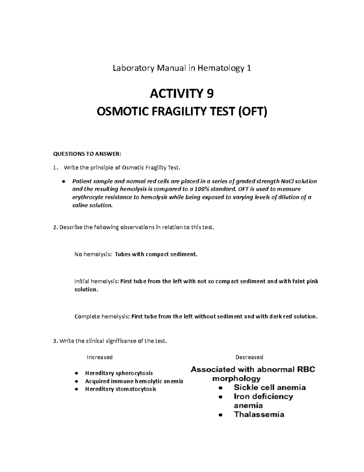 Osmotic fragility test and Retic count - Laboratory Manual in ...