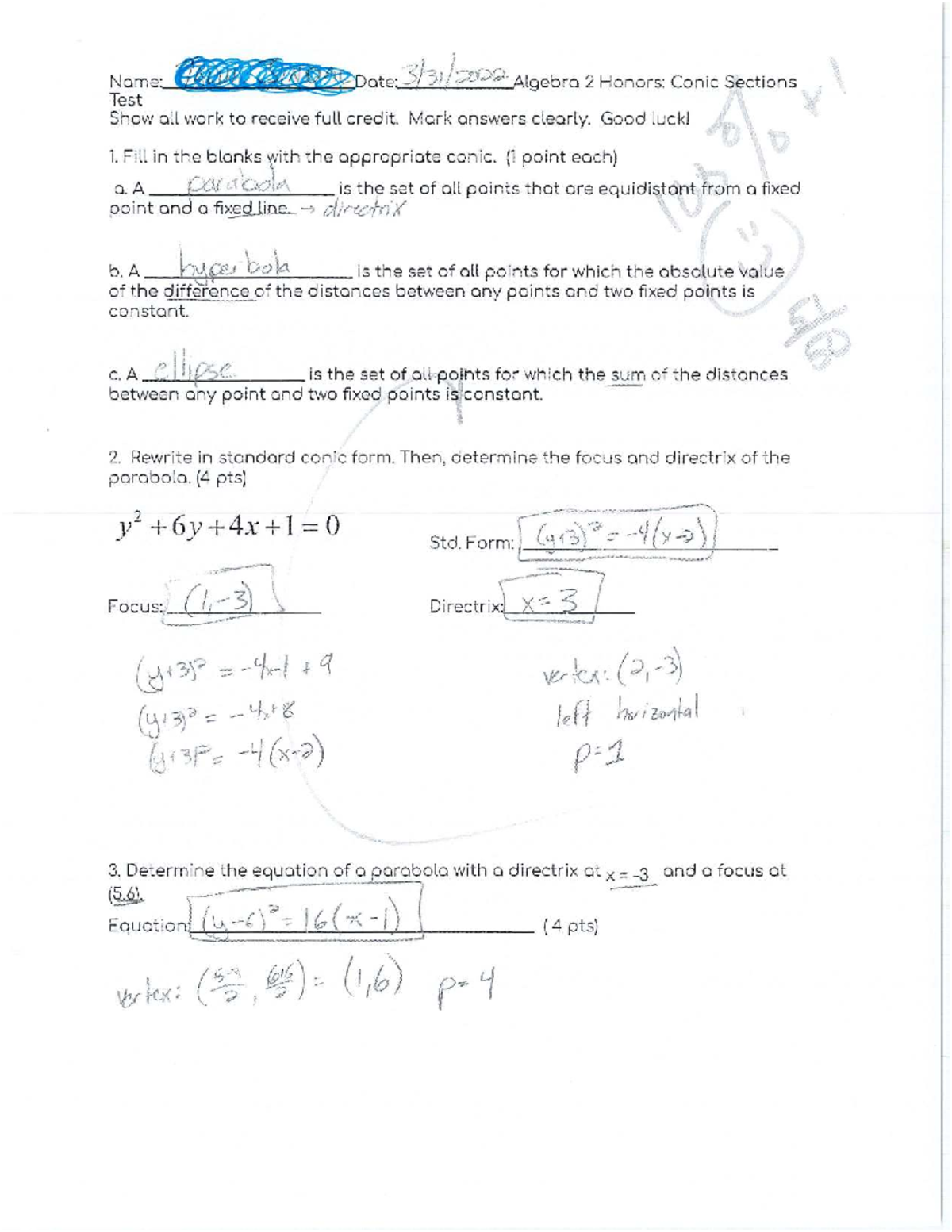 Algebra 2 Honors: Conic Sections Test Key 2022 - Studocu