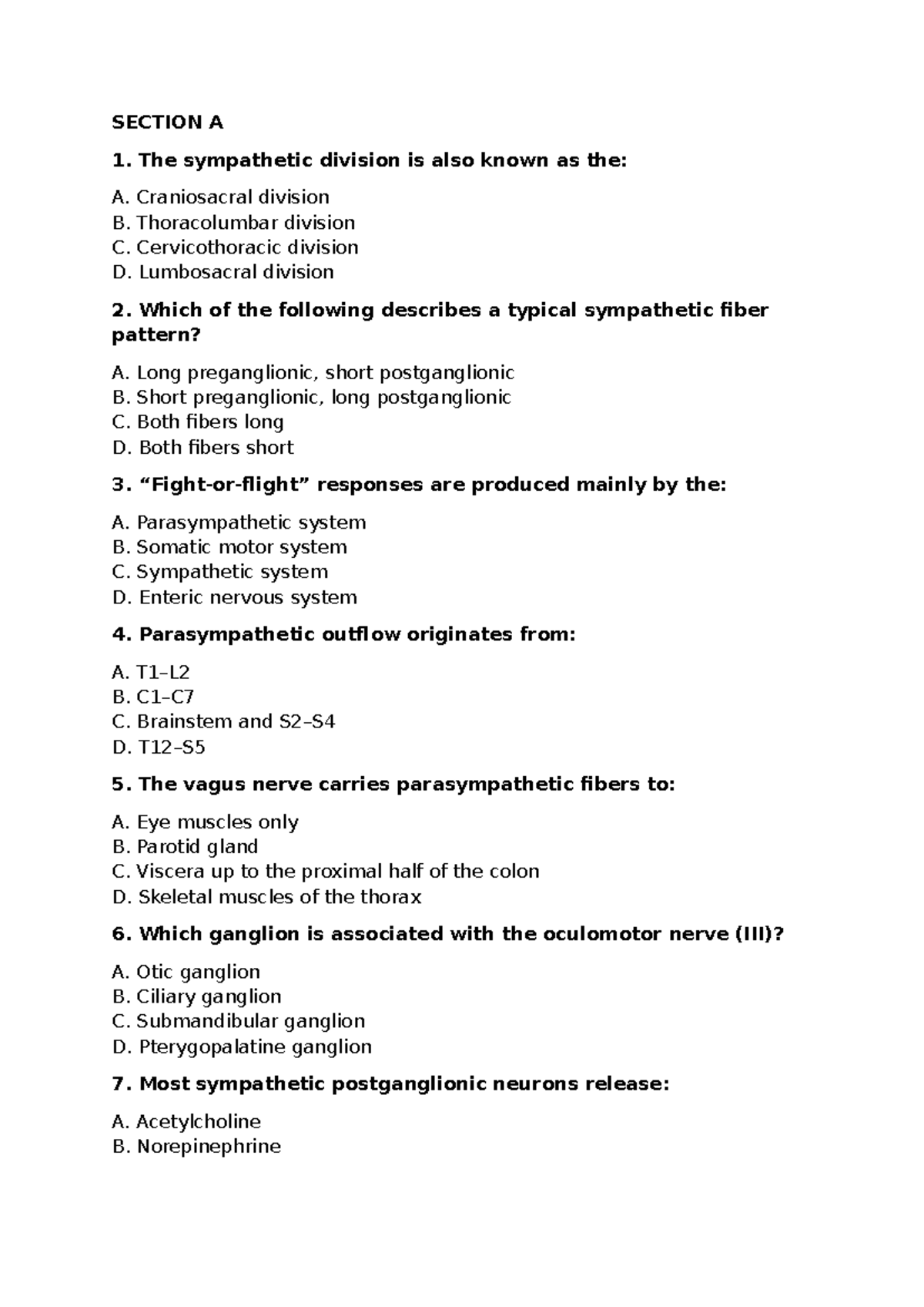ANS 101 - Practice Questions on Autonomic Nervous System - Studocu