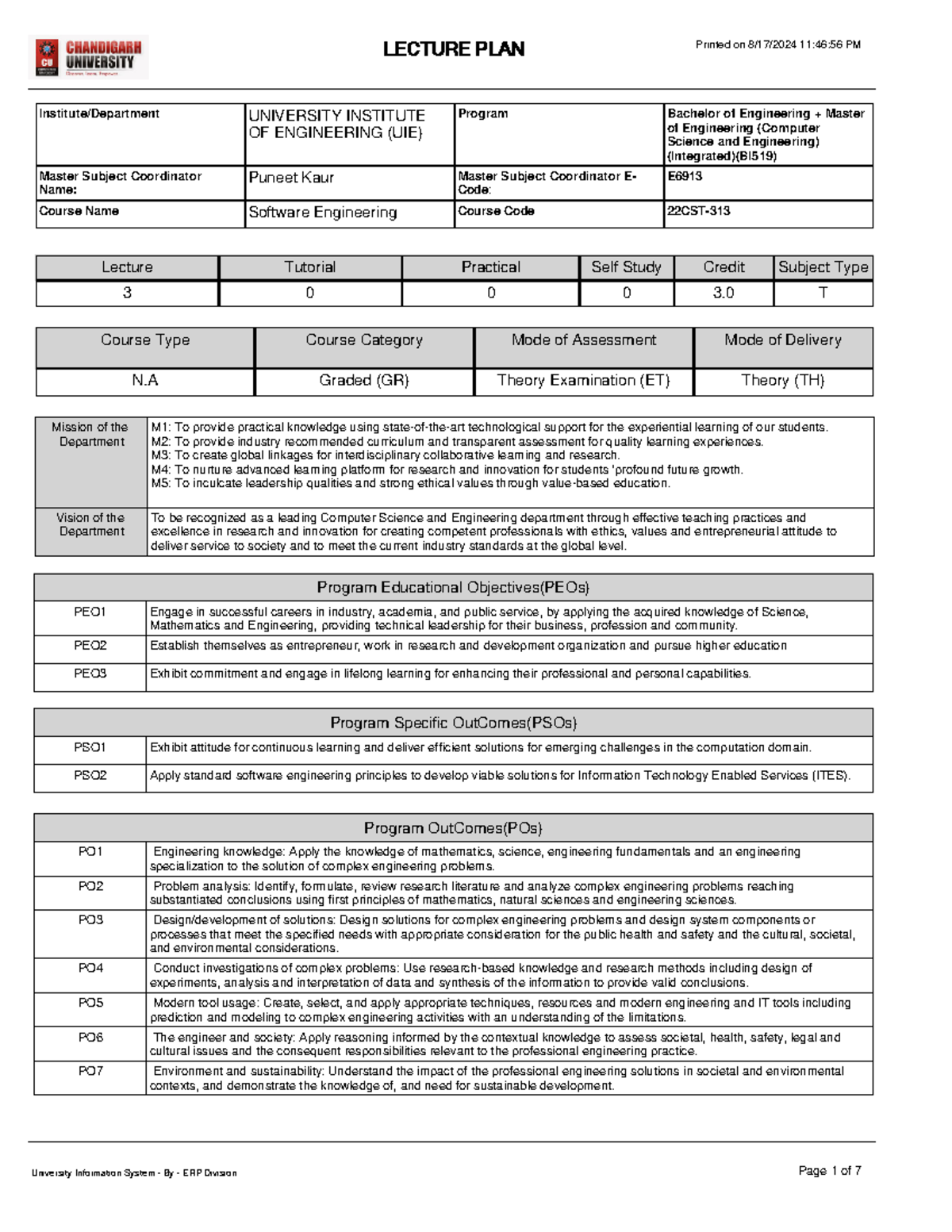 Lecture Plan for Software Engineering (BI519) - Course Overview and ...