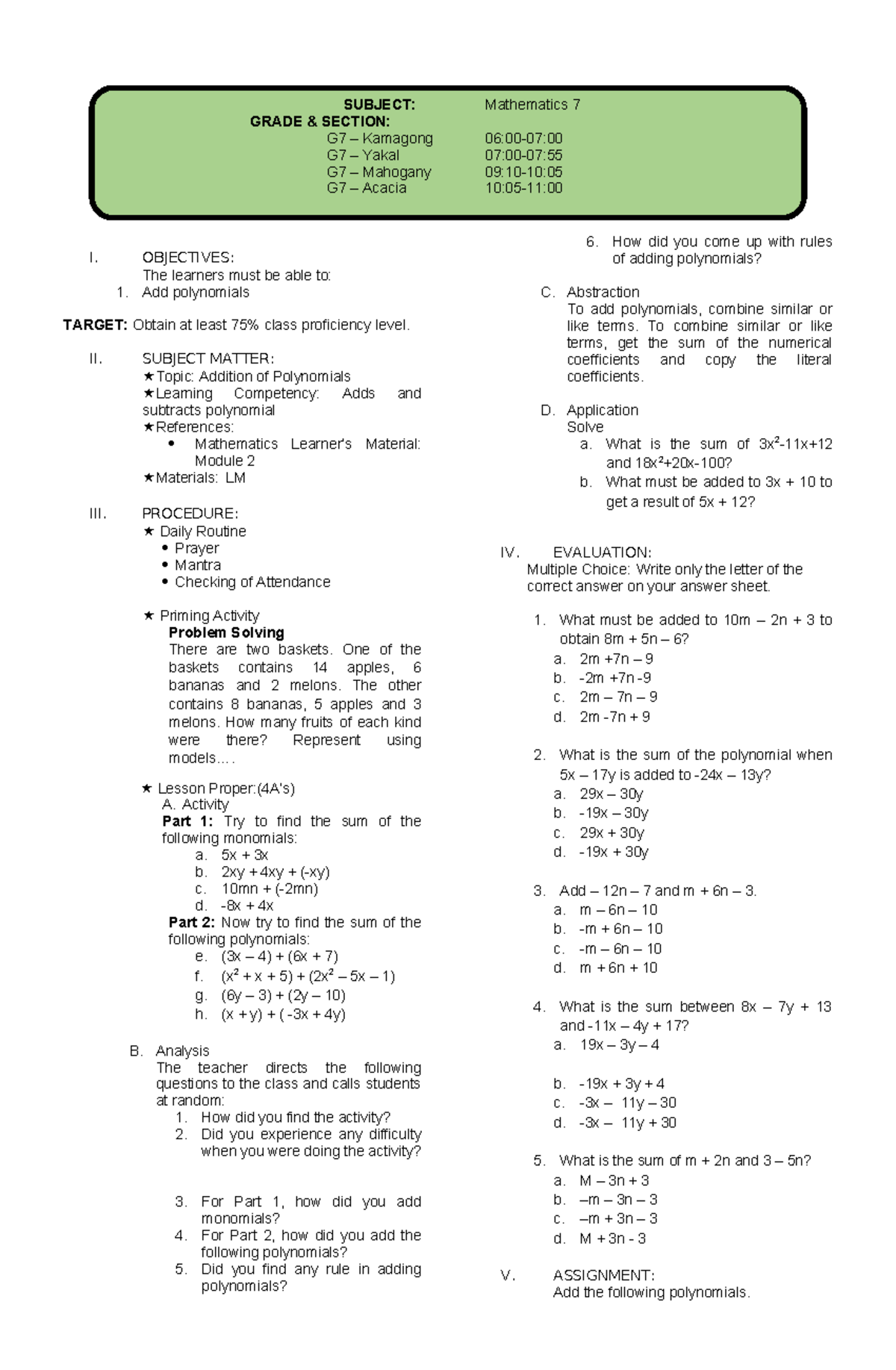 Mathematics 7: Addition of Polynomials Lesson Plan - Studocu