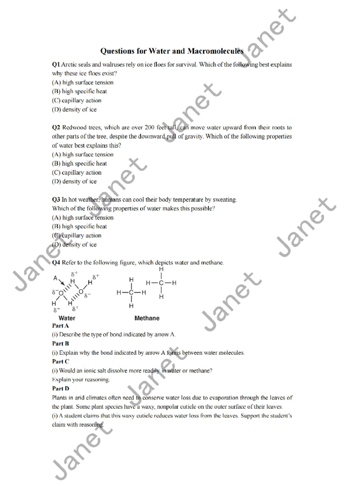 Unit 1 Questions for water and macromolecules - Questions for Water and ...