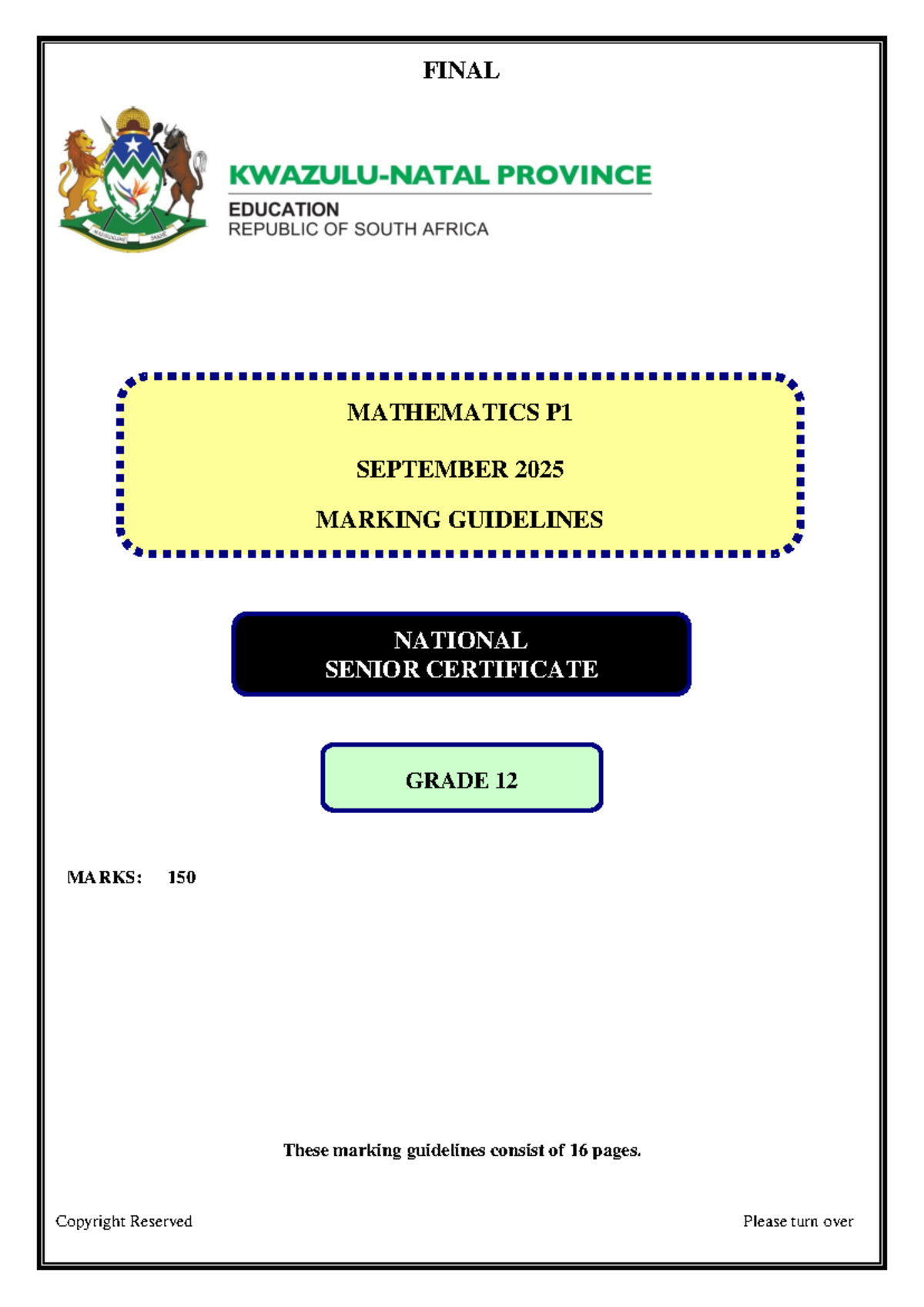Mathematics P1 Grade 12 September 2025 Final Exam Marking Guidelines ...