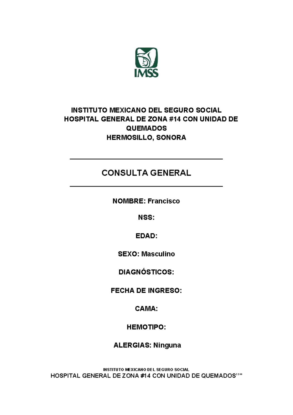 Historia Clínica de Paciente Masculino - NSS: [Número] - Studocu