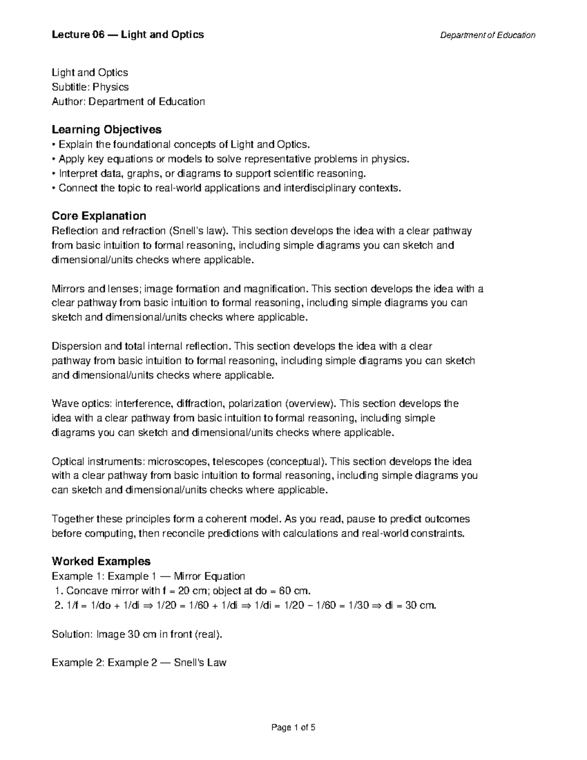 Lecture 06: Light and Optics Concepts and Applications - Studocu