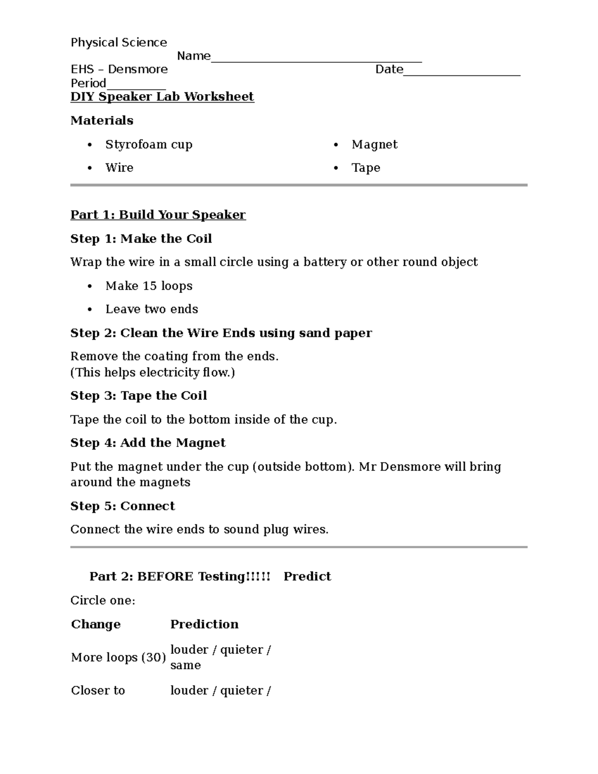 DIY Speaker Lab Worksheet - Physical Science EHS Densmore - Studocu