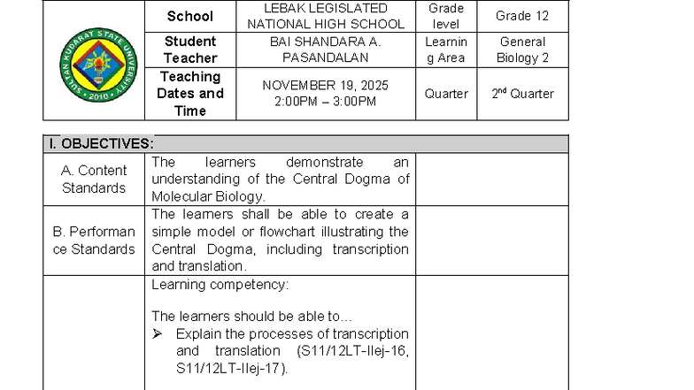 Grade 12 General Biology 2: 7Es Lesson Plan on DNA Transcription ...
