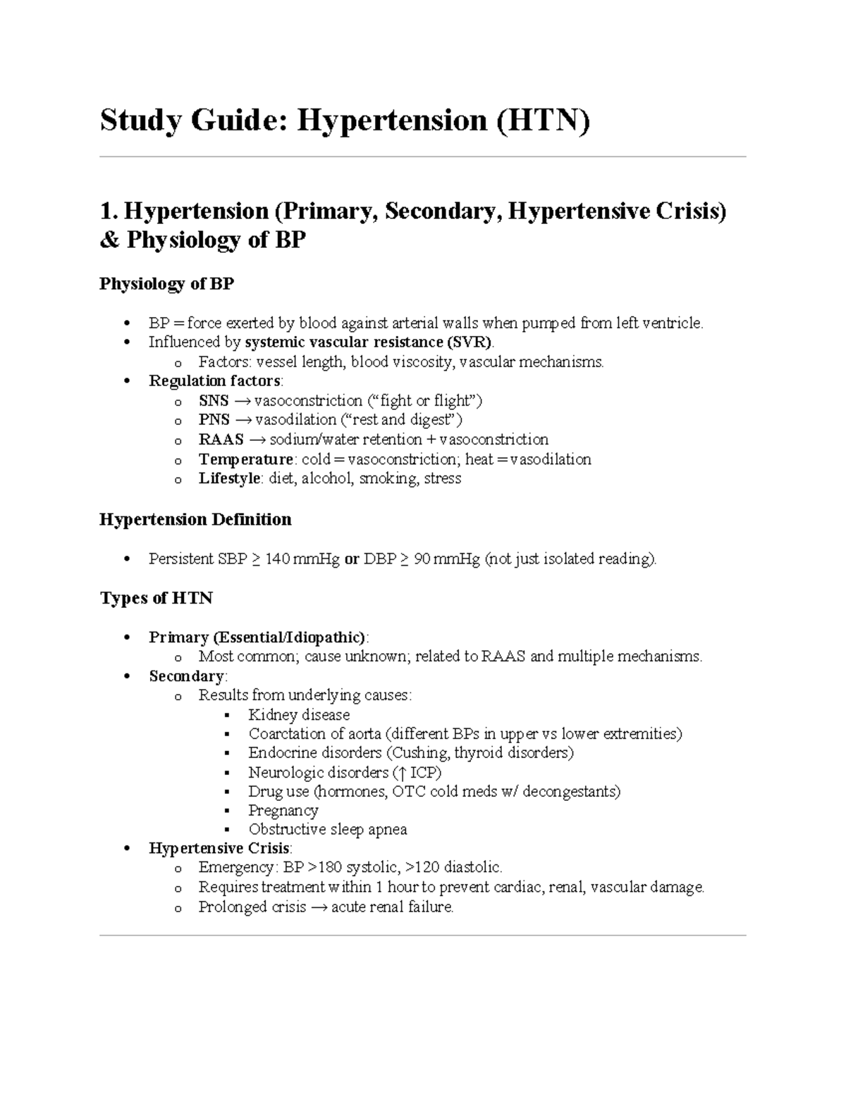 HTN Study Guide: Understanding Hypertension Types & Management - Studocu