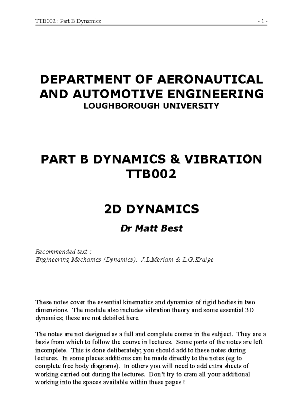 Dynamics & Vibration Lecture Notes for TTB002 - Loughborough University ...