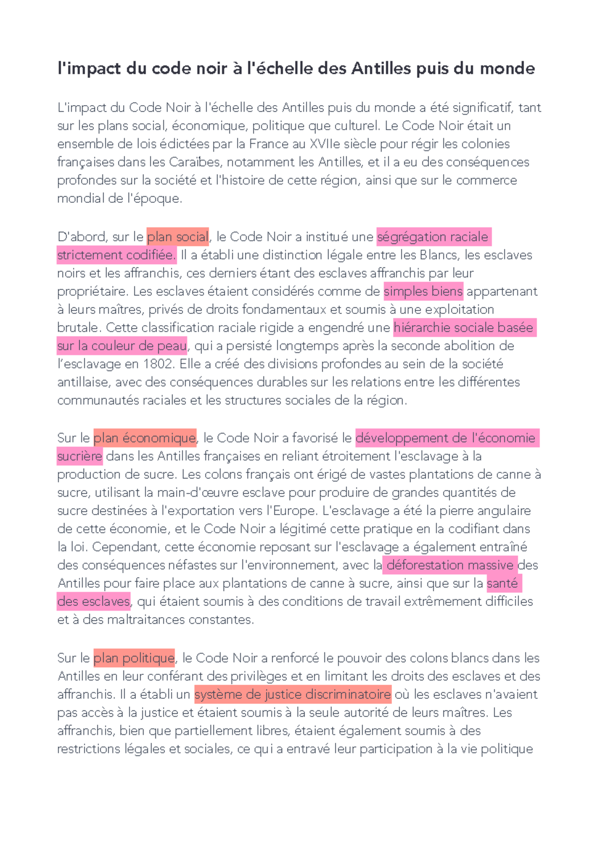Le code noir - notes de cours - l'impact du code noir à l'échelle des ...