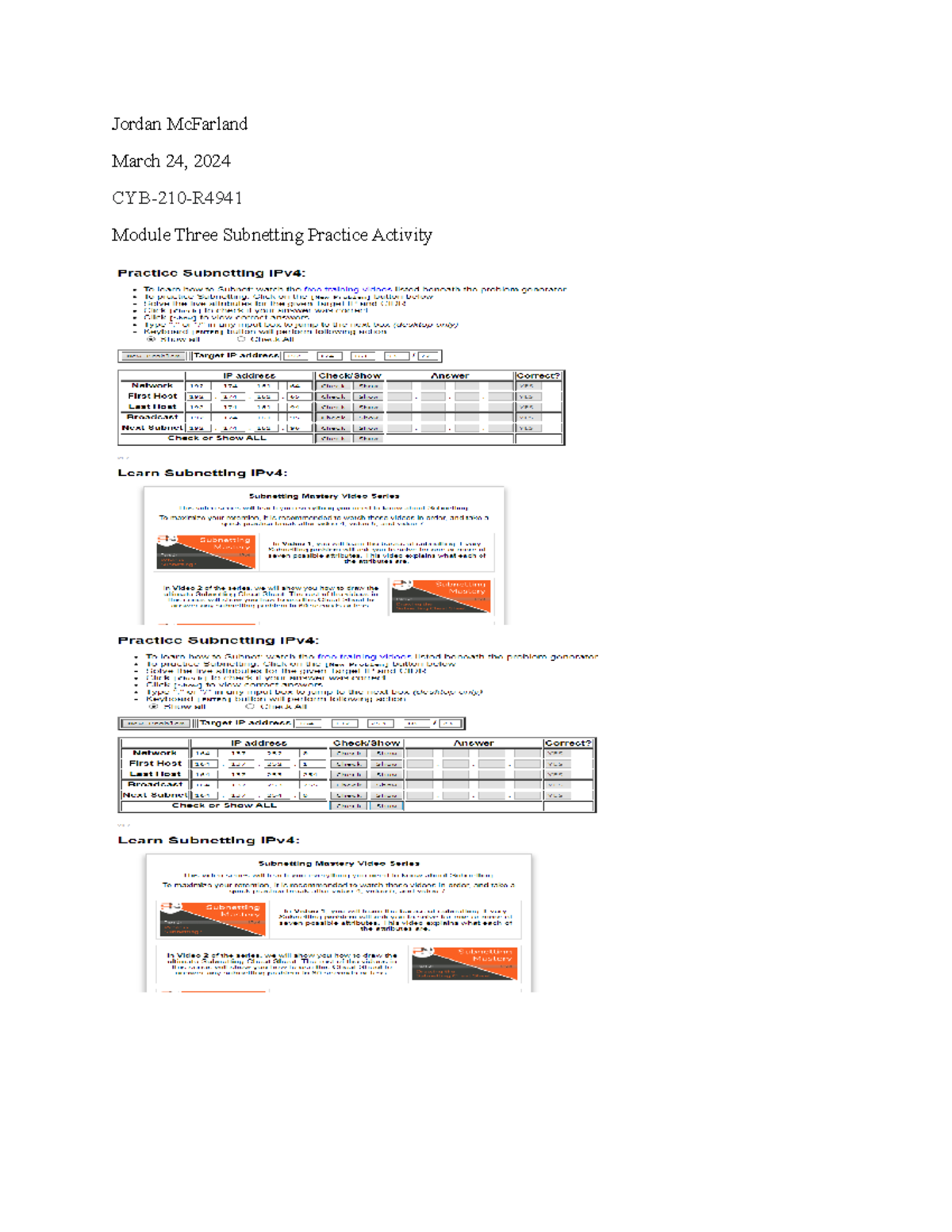 CYB-210 Module 3-3 Subnetting Practice - CYB210 - Jordan McFarland March 24, 2024 CYB-210-R ...
