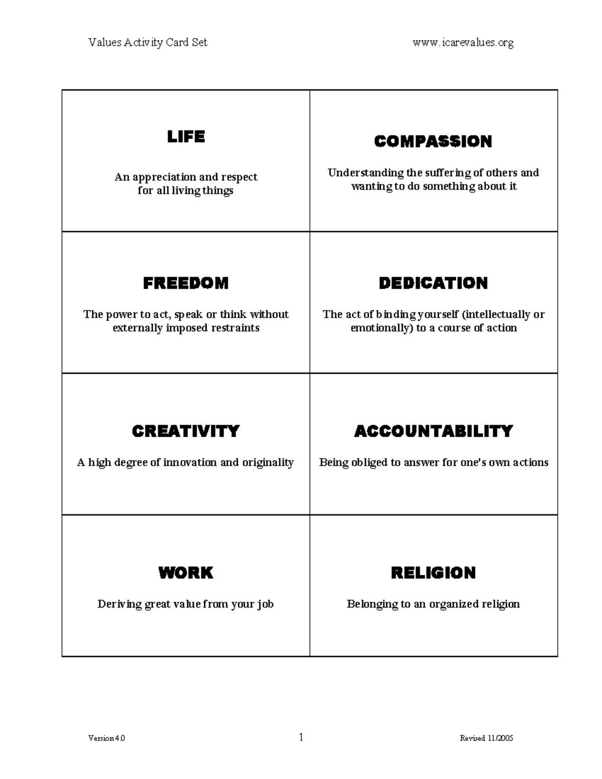 Values Activity Card Set v4: Understanding Key Concepts of Life - Studocu