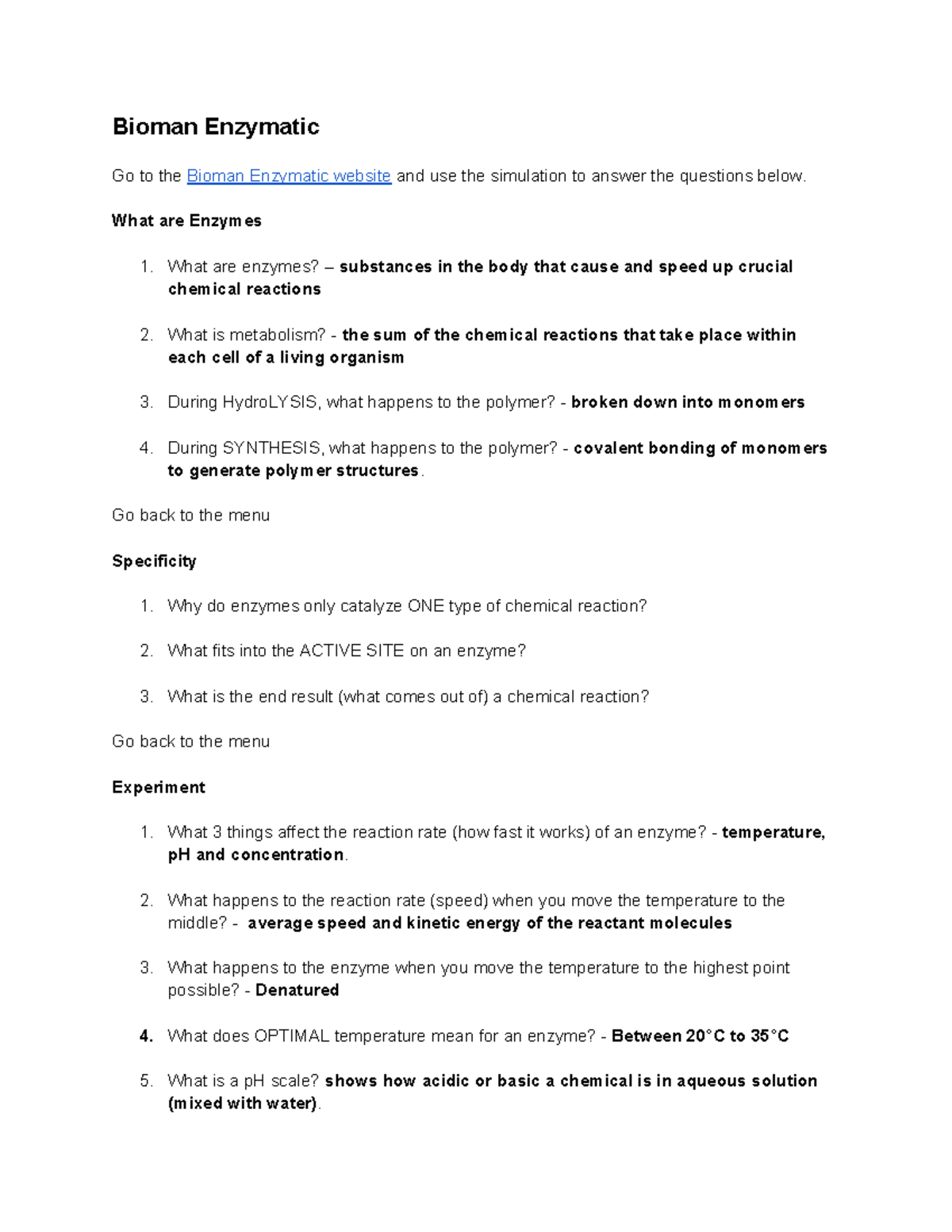 Bioman ENZ 101 Enzymatic Interaction Simulation Worksheet - Studocu