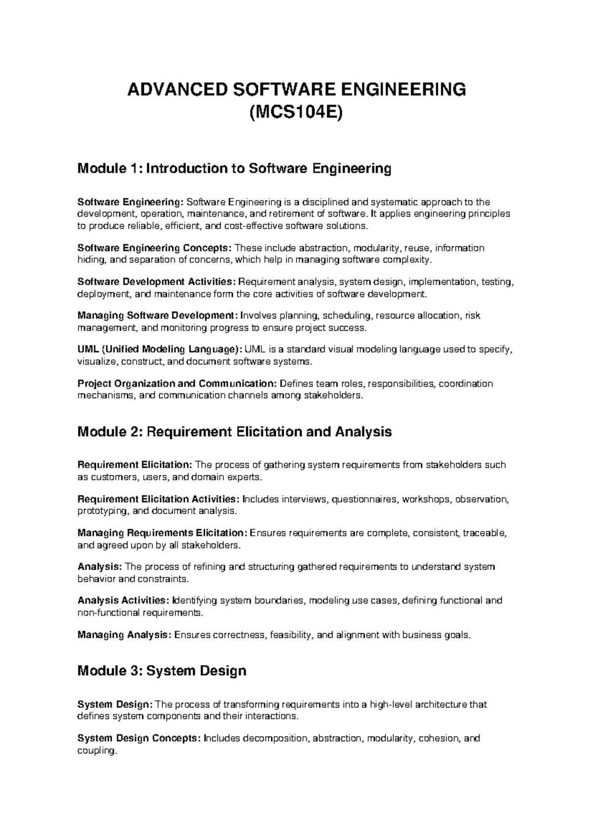 MTech Software Engineering (MCS104E) Comprehensive Notes - Studocu