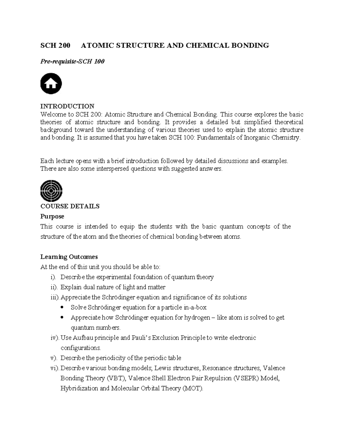 SCH 200: Atomic Structure & Chemical Bonding Course Outline - Studocu