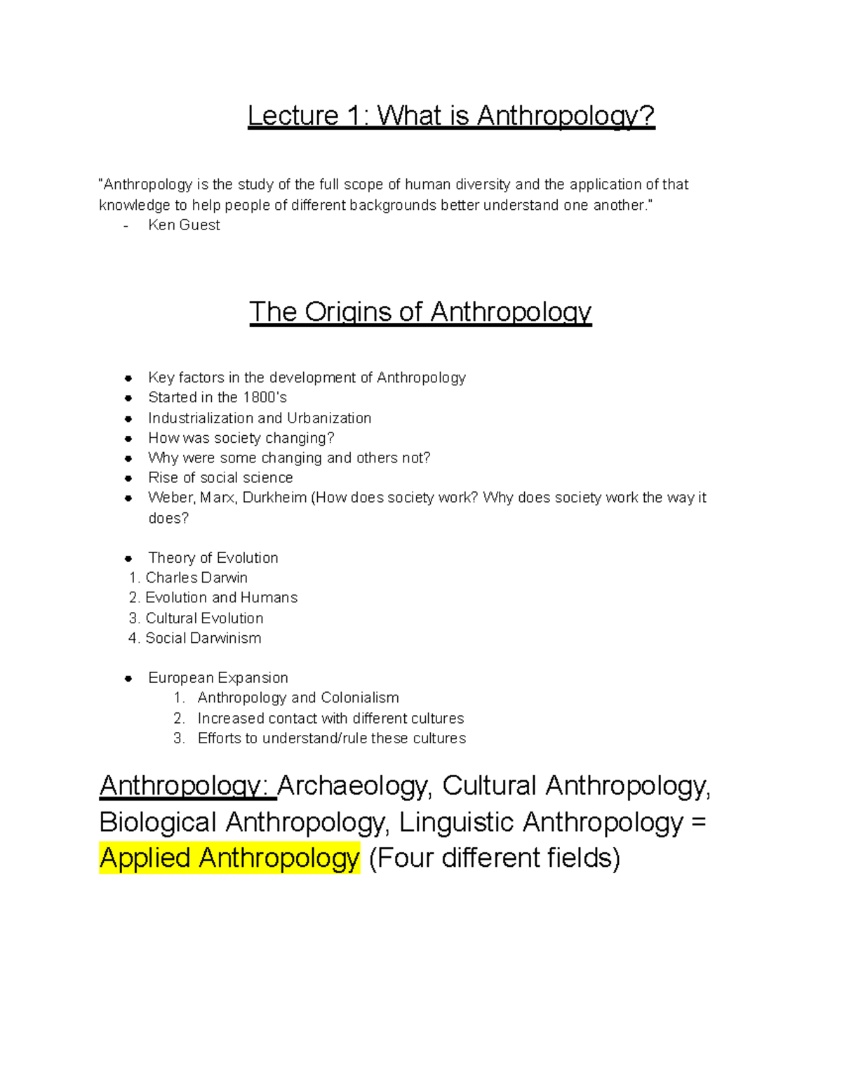Cultural Anthropology Insights: Key Concepts from Lecture 1 - Studocu