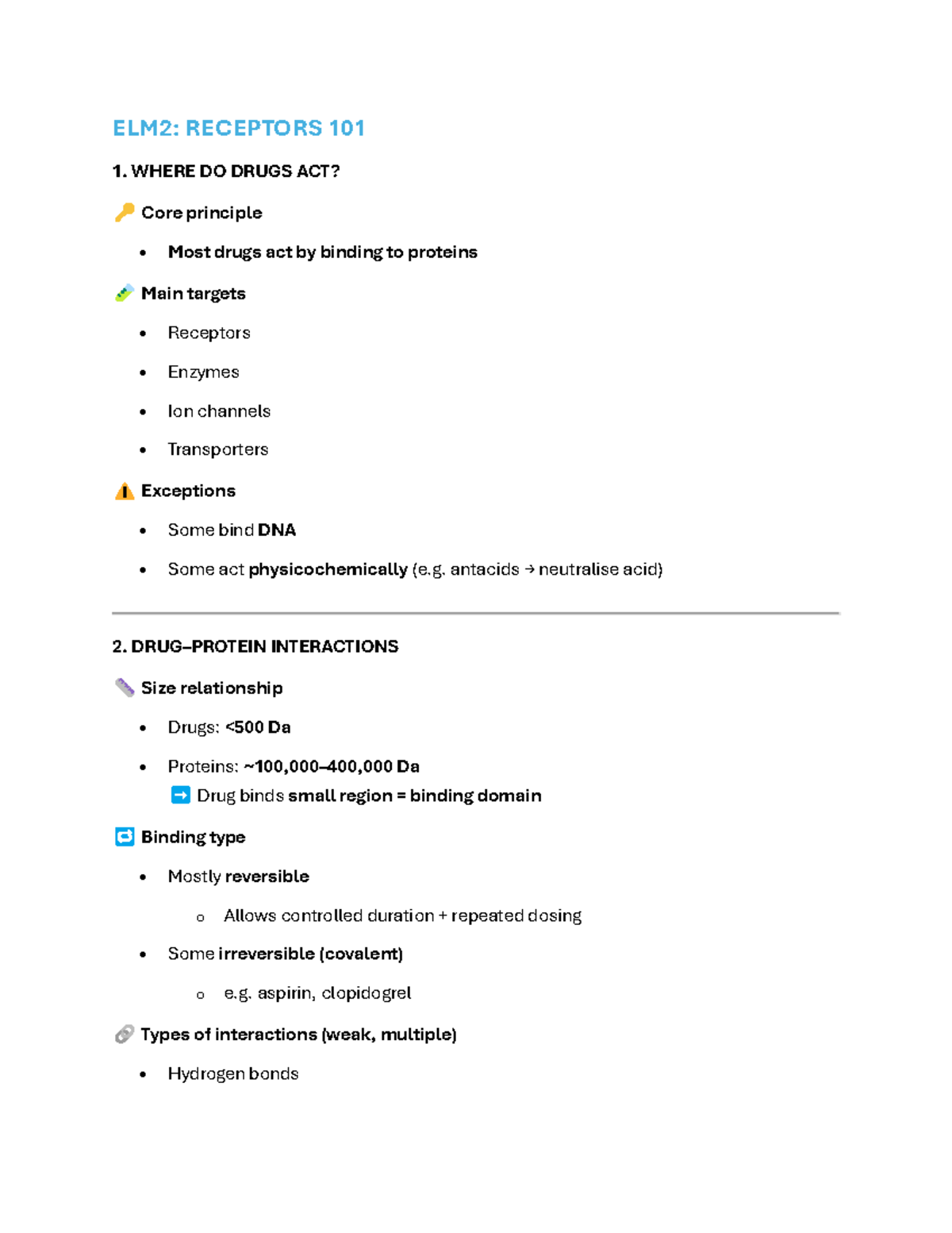 ELM2: Receptors 101 - Key Concepts and Drug Interactions Summary - Studocu
