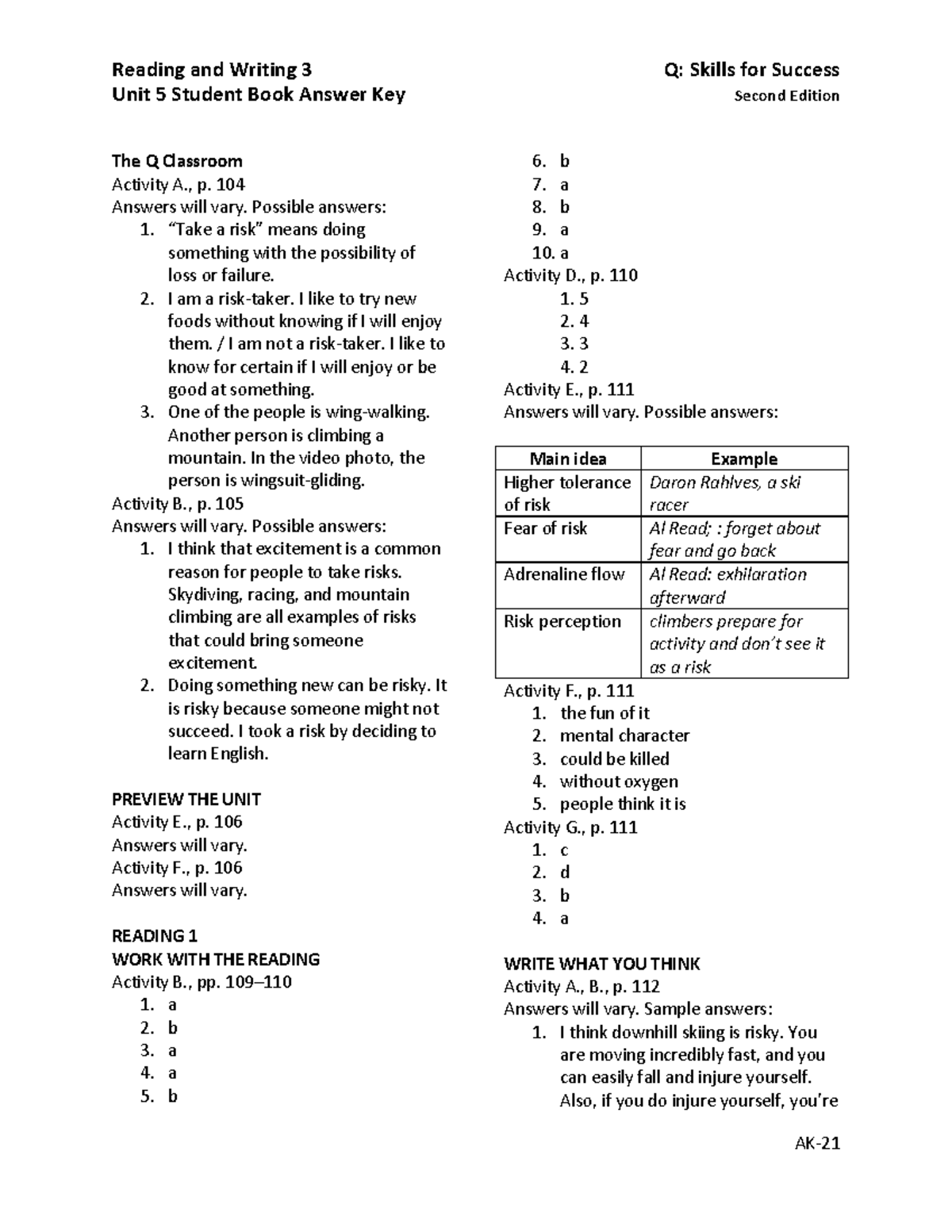 Unit 5 Reading 1 Answer Key - Q: Skills for Success - Studocu