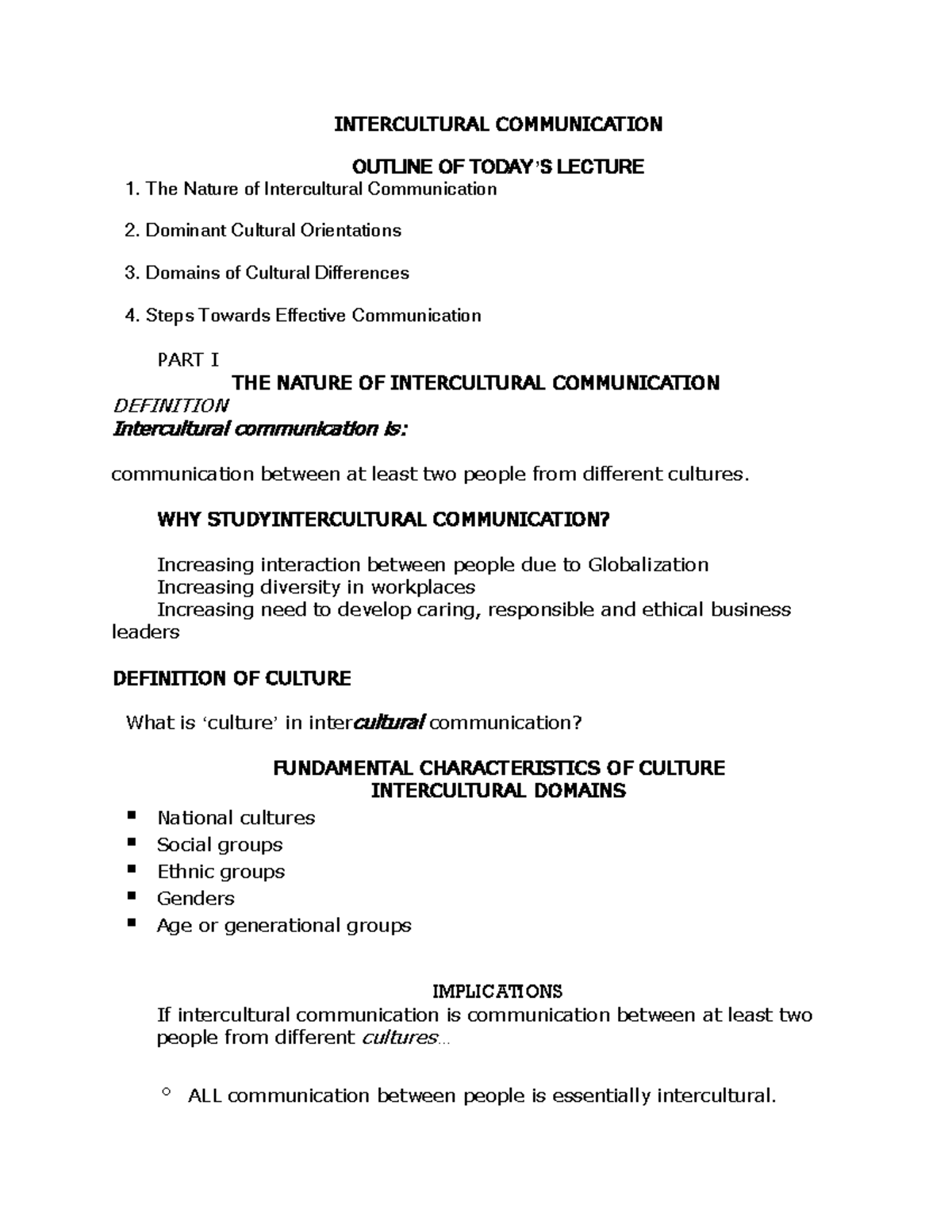 Intercultural Communication - INTERCULTURAL COMMUNICATION OUTLINE OF ...