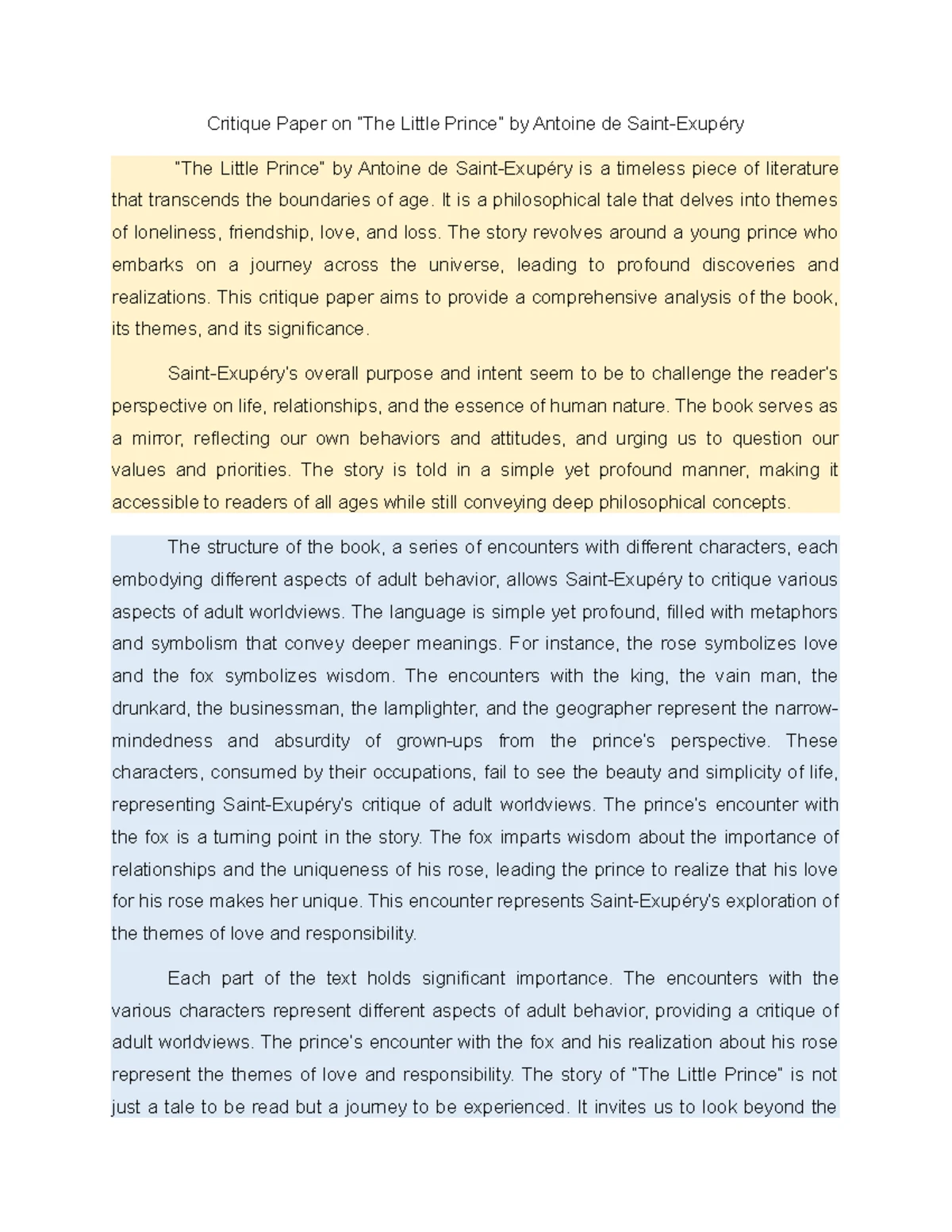 ENG 101: The Little Prince Analysis & Critique Essay - Studocu
