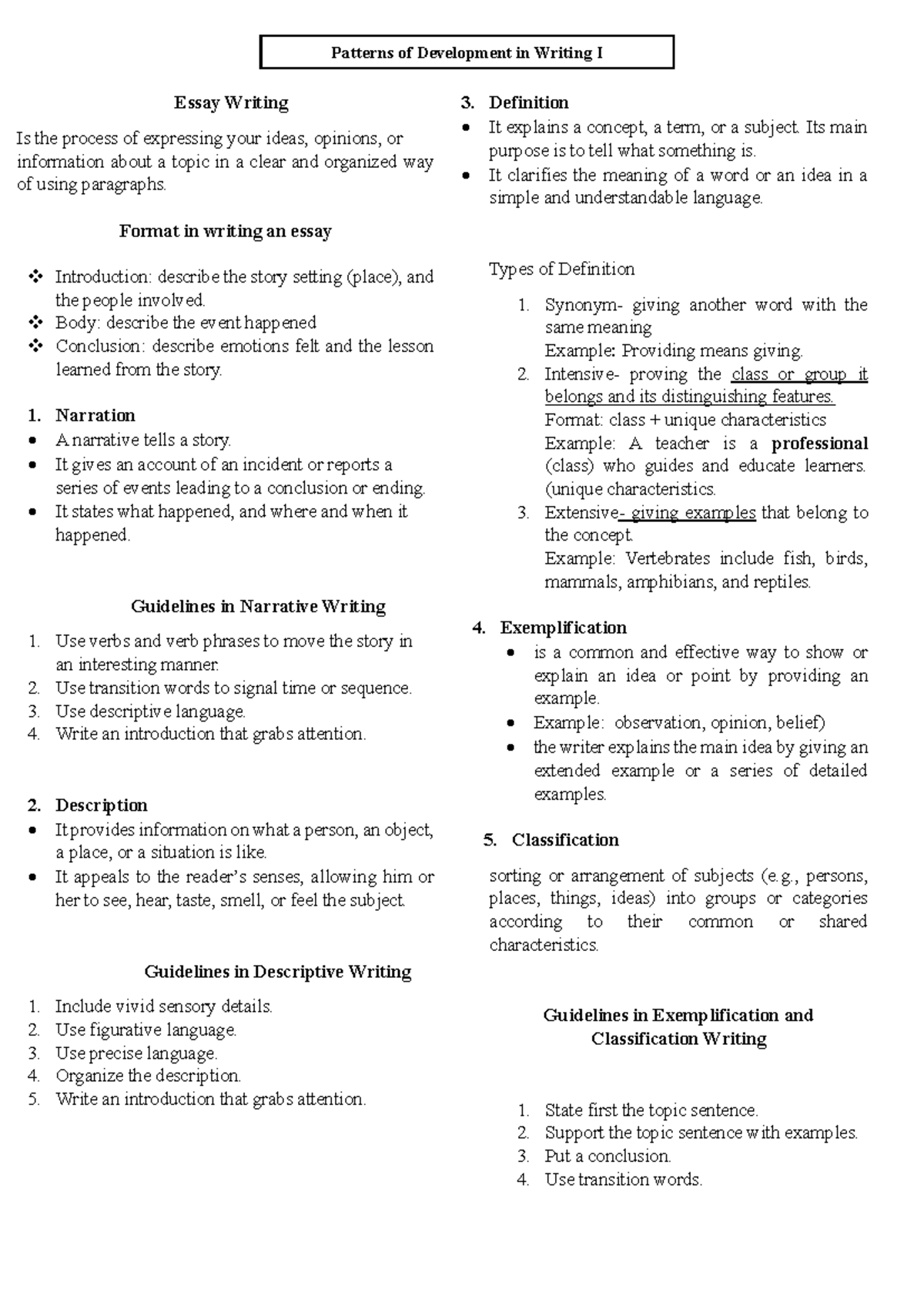 ENG101: Patterns of Development in Essay Writing Reviewer - Studocu