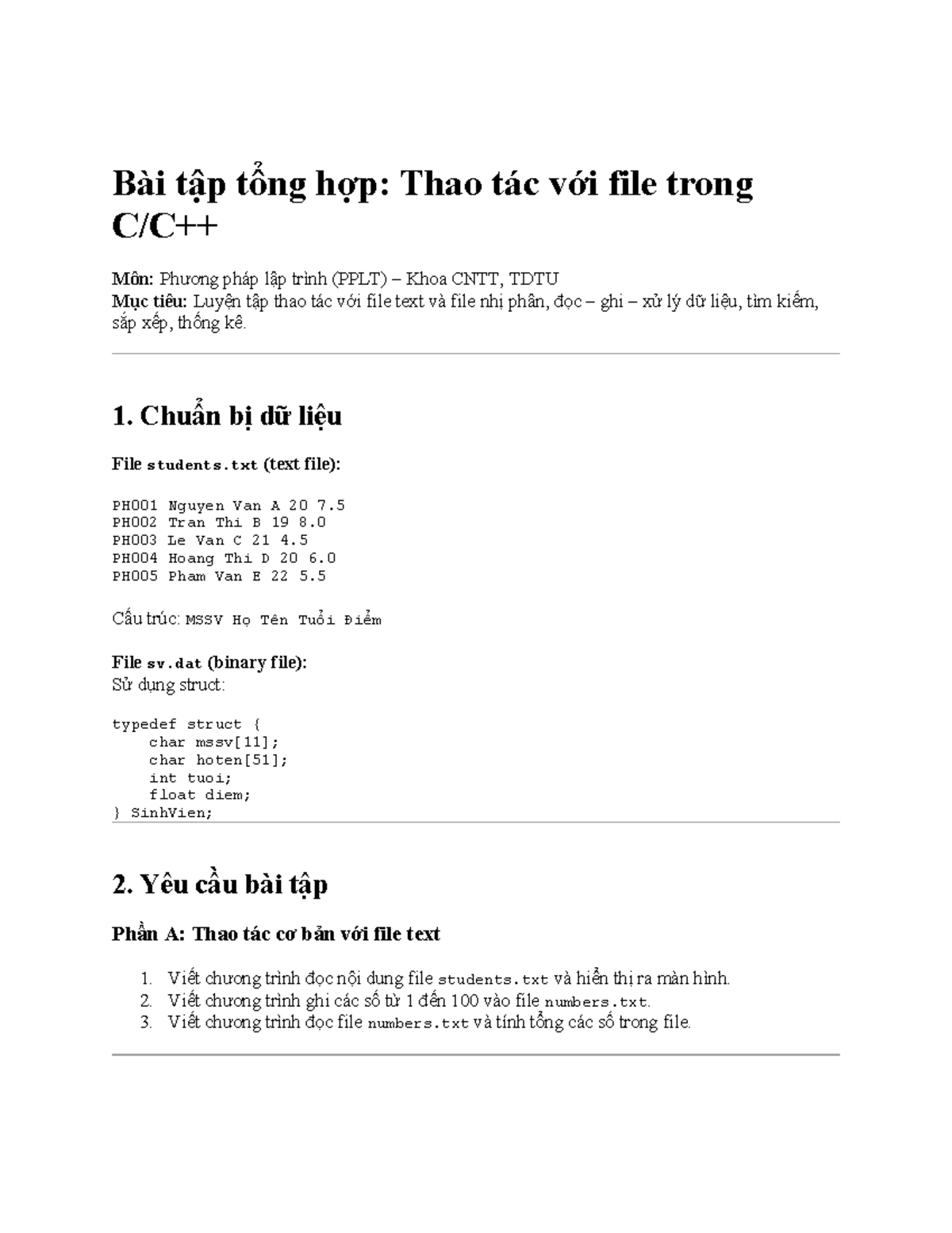 Bài tập tổng hợp: Thao tác với file trong PPLT - Khoa CNTT TDTU - Studocu