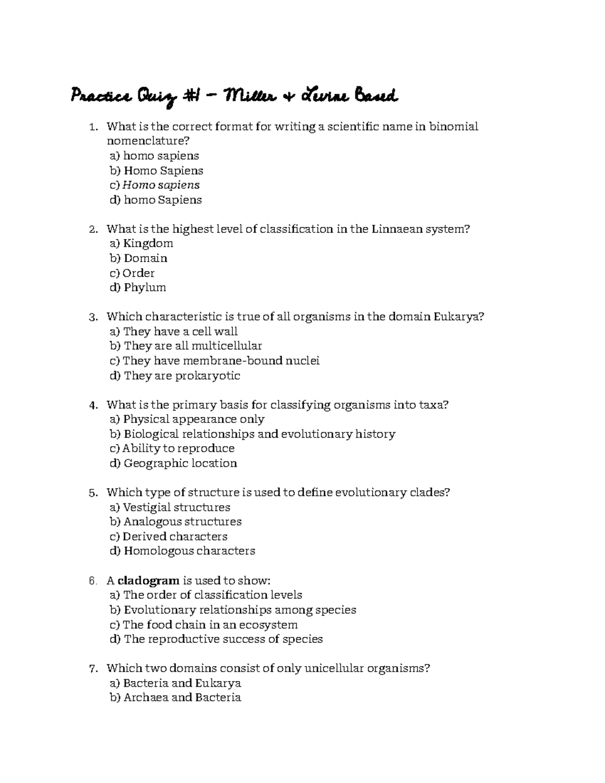 Bio 101 - Classification Practice Quiz - Studocu