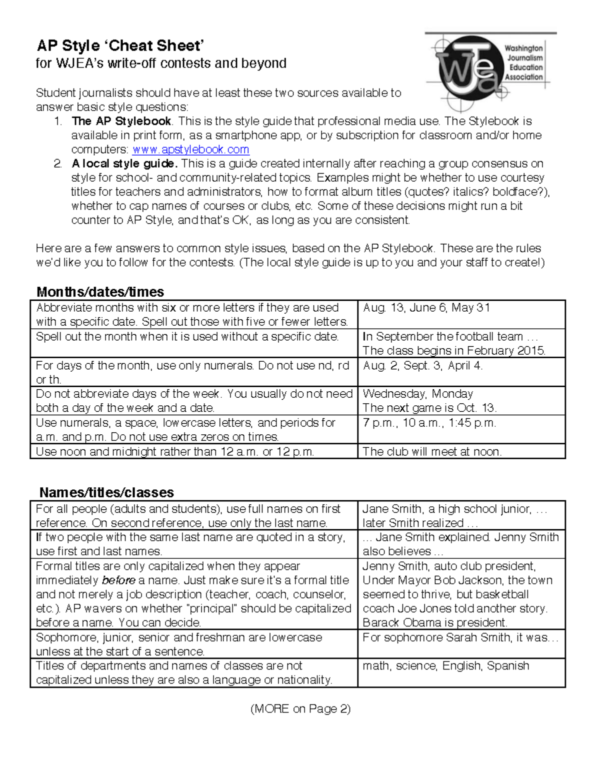 WJEA AP Style Cheat Sheet - AP Style ‘Cheat Sheet’ for WJEA’s write-off ...