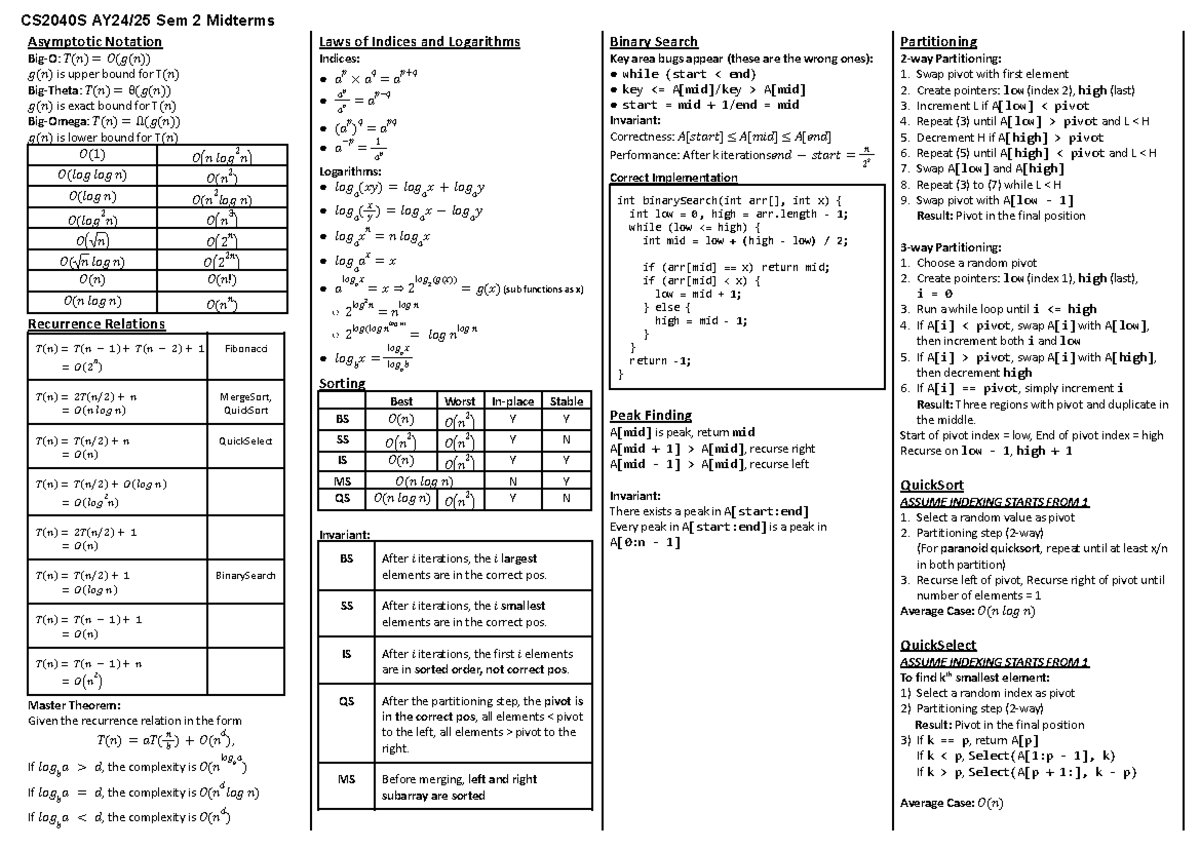 CS2040S Sem 2 Midterm Cheatsheet: Asymptotic Notation & Algorithms - Studocu